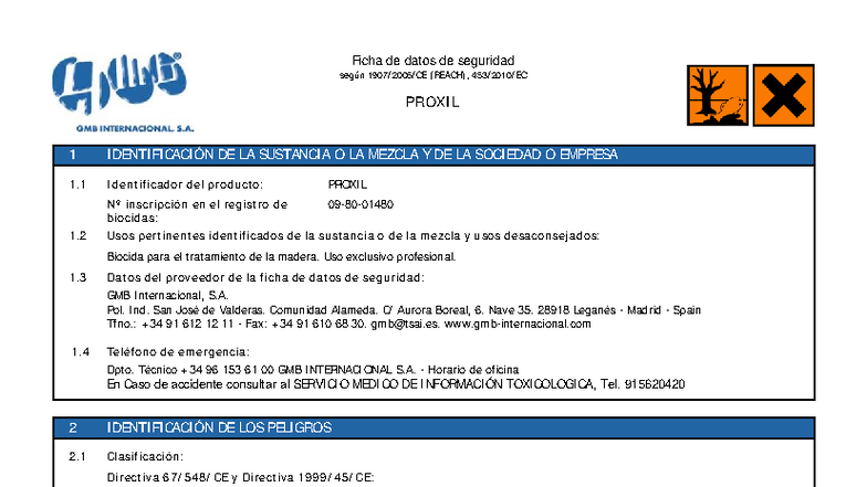 Hoja de Seguridad REACH para PROXIL: Información y Peligros - Studocu