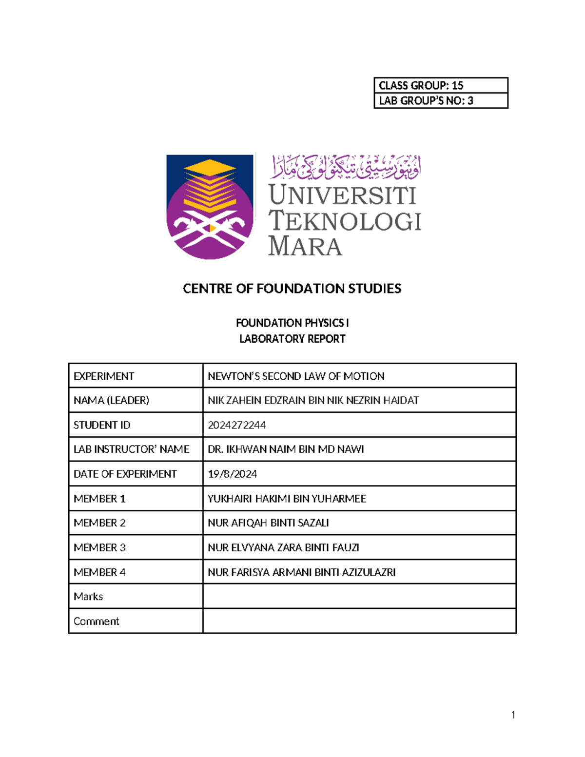 LAB Report Physics I - Experiment 3: Newton's 2nd Law of Motion - Studocu
