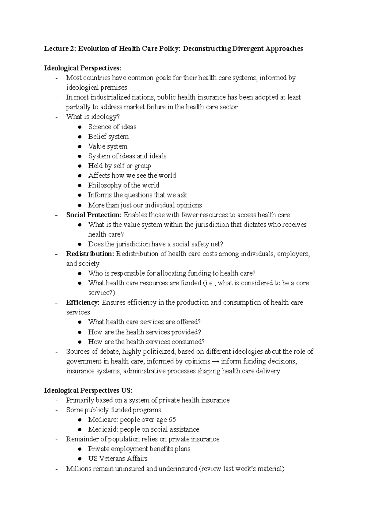 HLST 1010 Lect 2 - Evolution of Health Care Policy: Ideological Perspectives and - Studocu