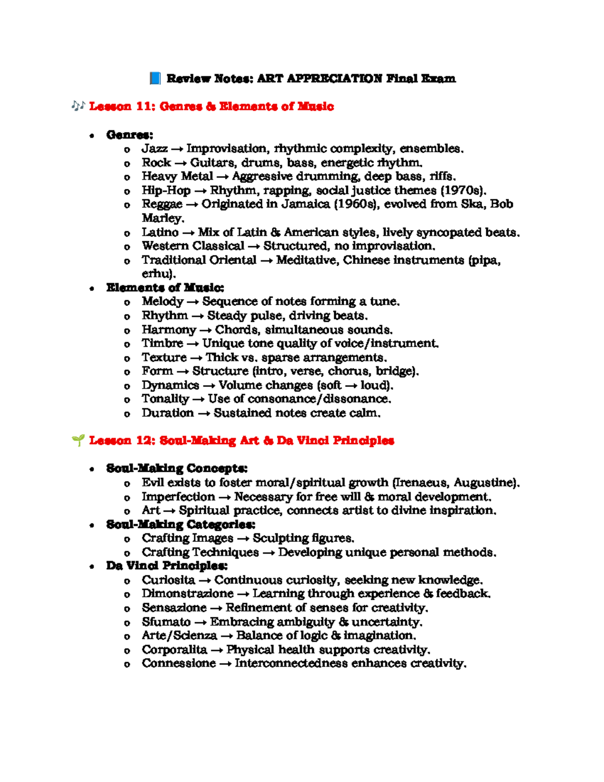 Review Notes: ART APPRECIATION Final Exam Lessons 11-14 Overview - Studocu