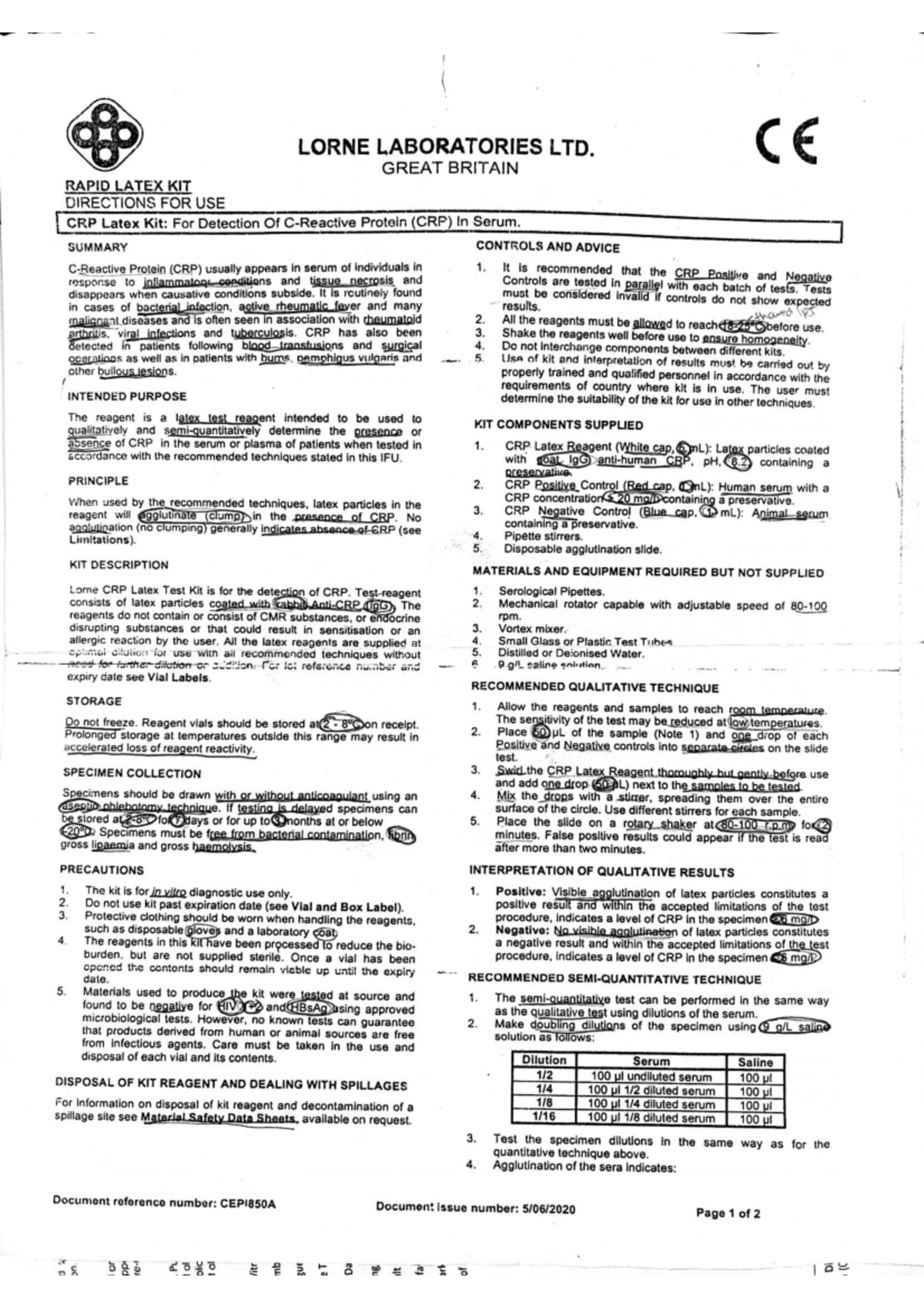 LORNE LABORATORIES LTD. CRP Latex Kit Directions for Use - Studocu