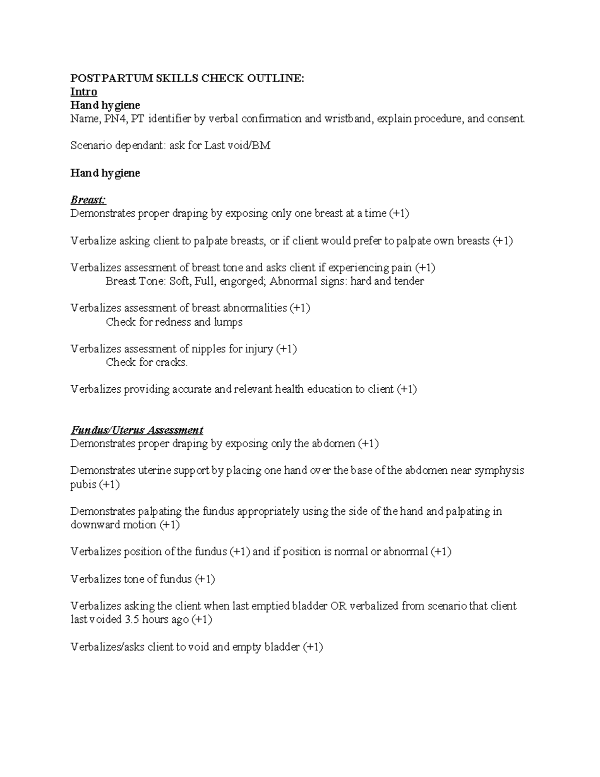 Postpartum Skills Check Outline: PN4 Assessment Techniques - Studocu