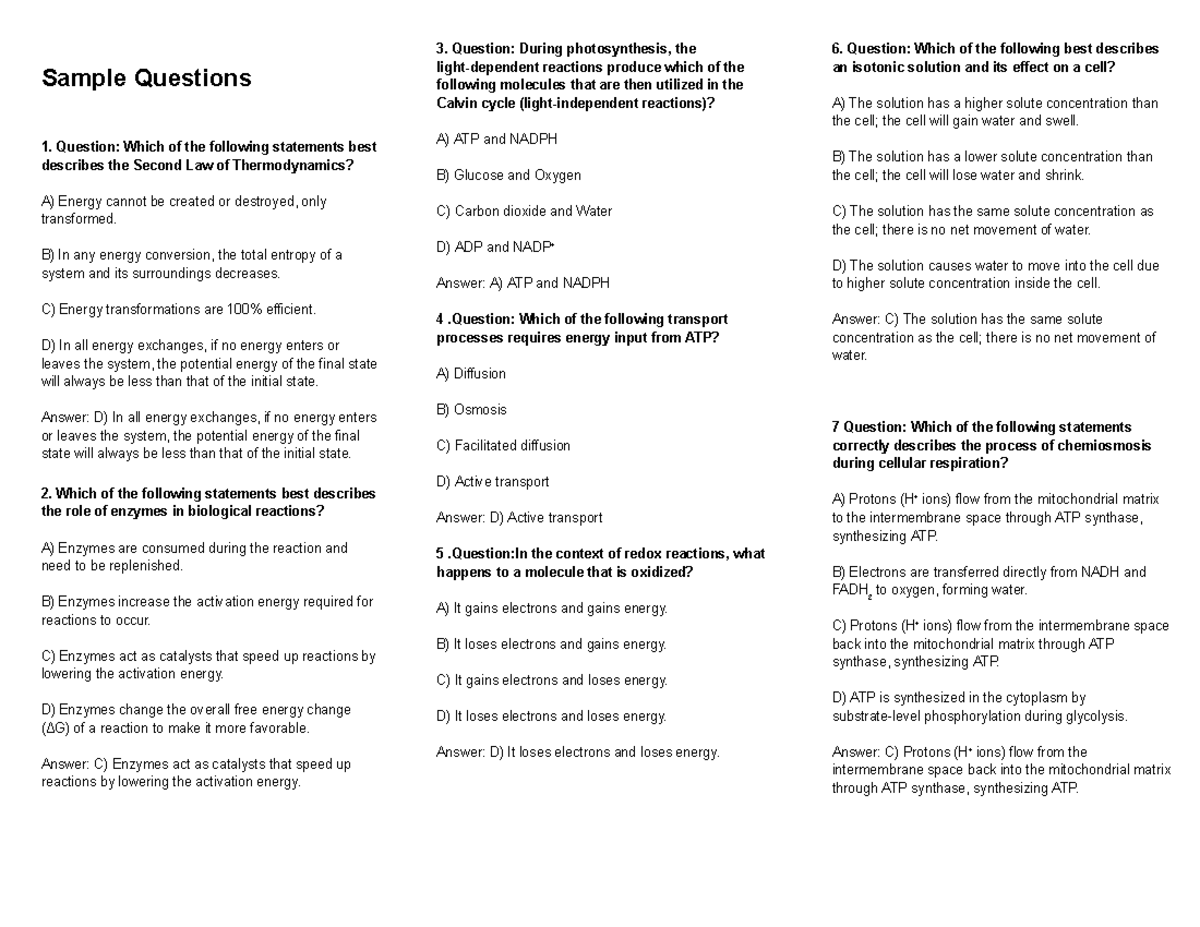 Sample Questions for BIO 101 Final Exam Review - Studocu