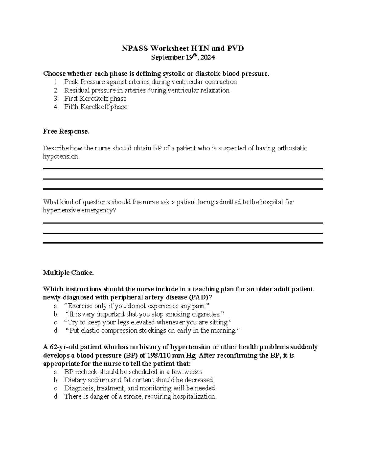 NPASS Worksheet: Hypertension (HTN) & Peripheral Vascular Disease (PVD ...