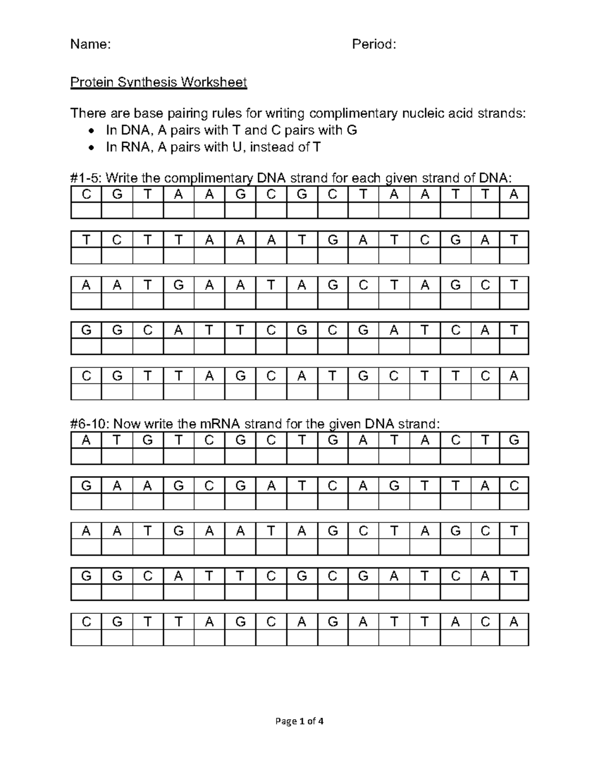 Protein Synthesis Worksheet - Name: Period: Page 1 of 4 Protein ...