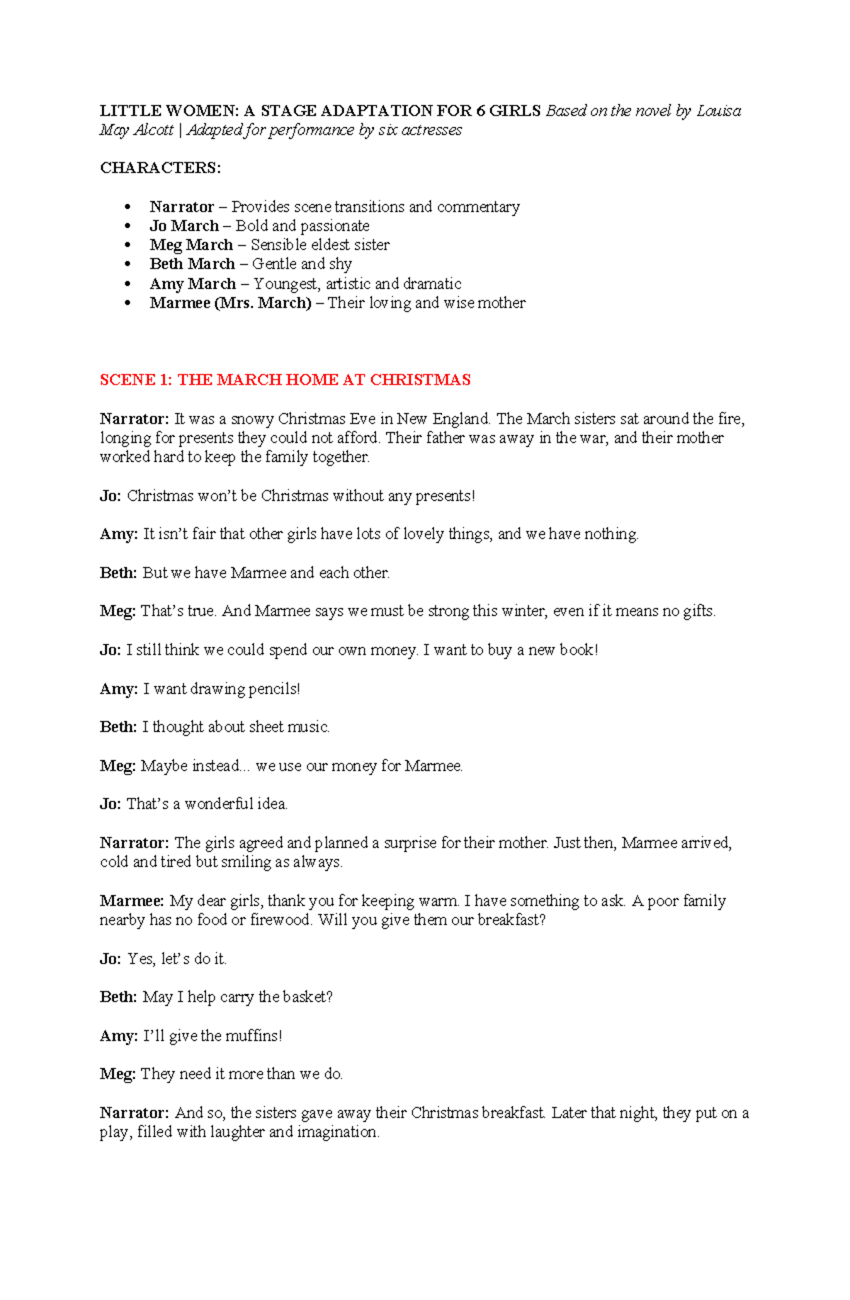 LITTLE WOMEN: A STAGE ADAPTATION FOR 6 GIRLS - Performance Script - Studocu