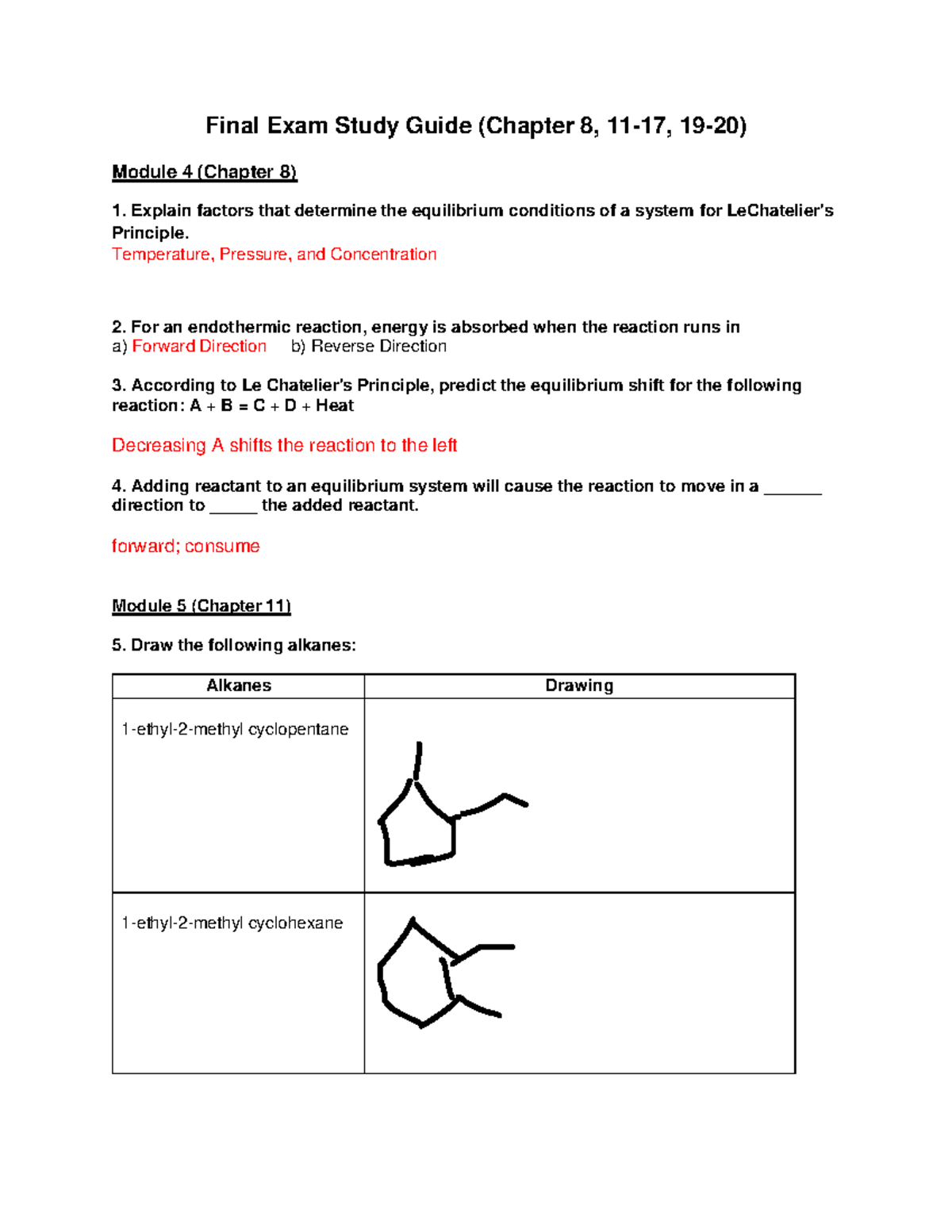 Final Exam Study Guide for CHEM 130: Equilibrium, Hydrocarbons, and ...