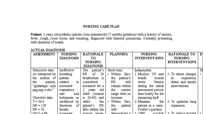 NURS 101: Nursing Care Plan for Pediatric Patient with Pneumonia - Studocu