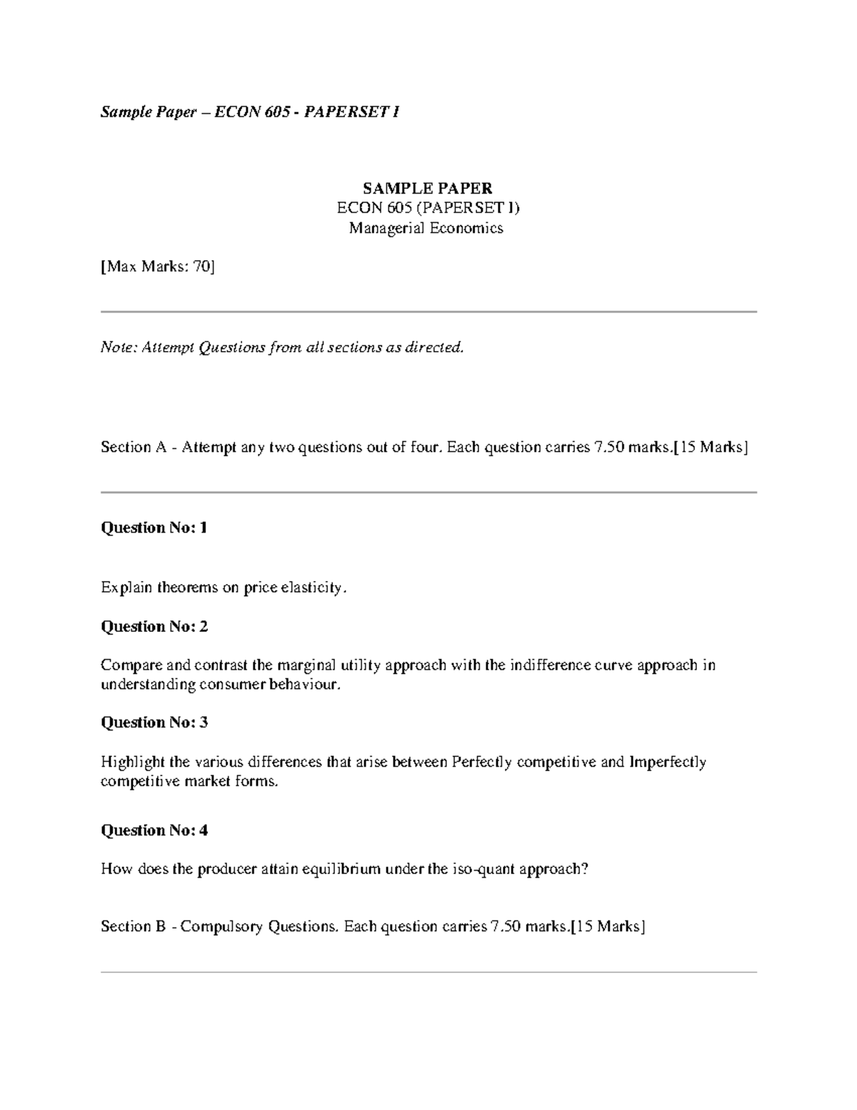 Managerial Economics Sample QP - ECON 605 PaperSet I - Studocu