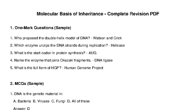 Molecular Basis of Inheritance Revision PDF - Key Concepts & MCQs - Studocu