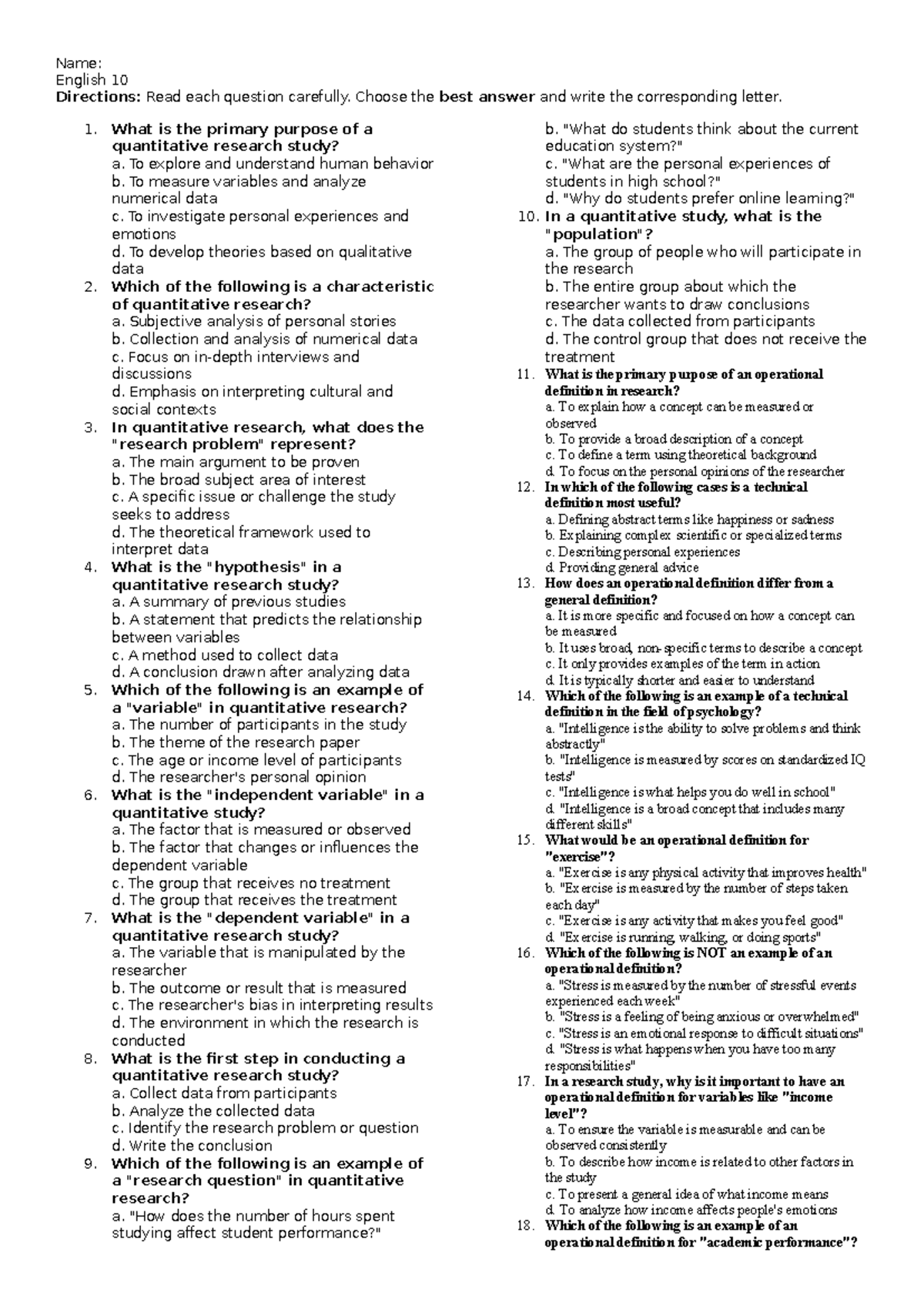 English 10 Final Exam - Quantitative Research Concepts and Definitions - Studocu