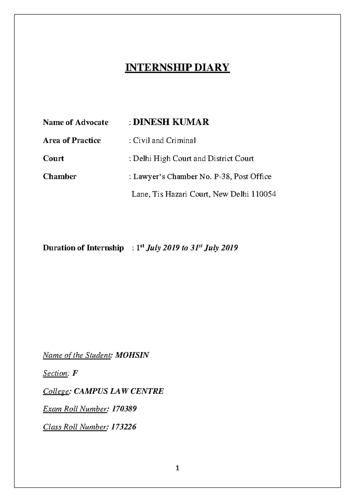 Internship Diary Mohsin - INTERNSHIP DIARY Name of Advocate : DINESH ...