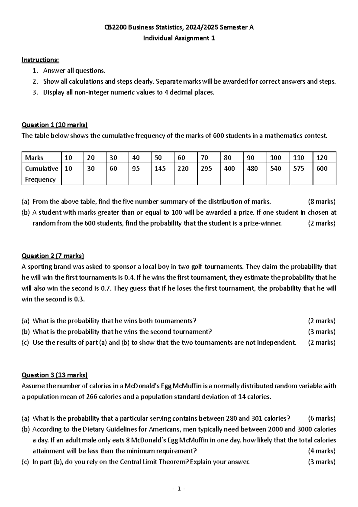 CB2200 Business Stats Assignment 1: Questions & Solutions 2024/2025 ...