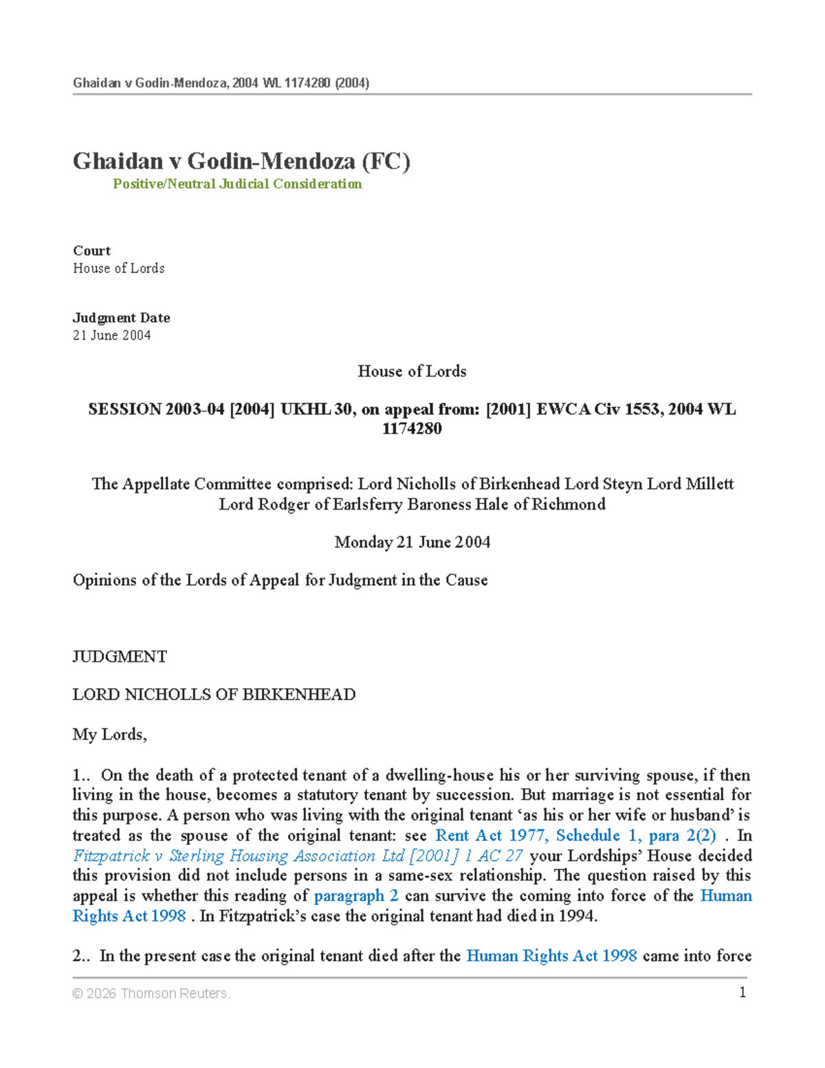 Ghaidan v Godin-Mendoza: House of Lords Judgment Analysis (UKHL 30 ...