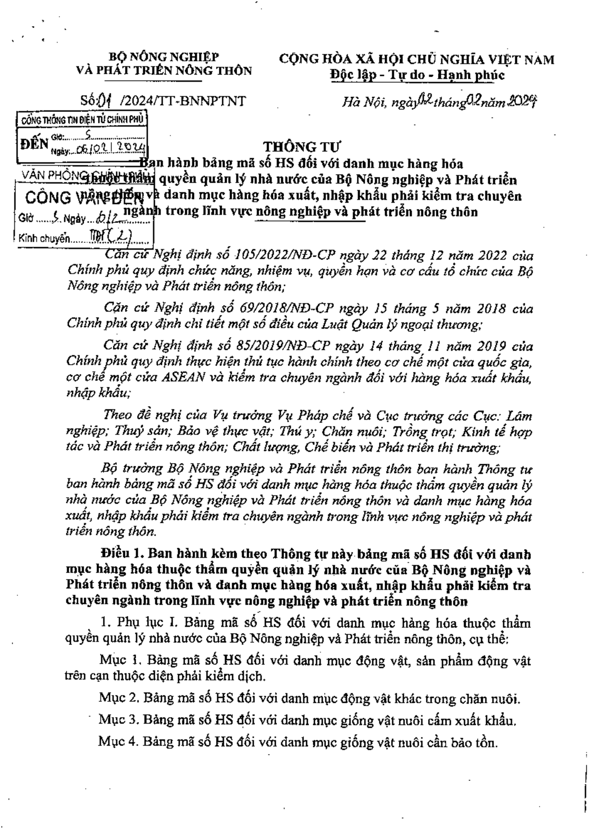 TT 01-2024 TT- Bnnptnt - NVHQ - BO NONG NGHIEP CONG HOA XÃ HOI CHU ...
