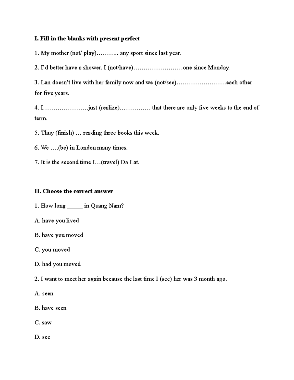 BT trên lớp 24 - Present Perfect Exercises and Fill-in-the-Blanks - Studocu