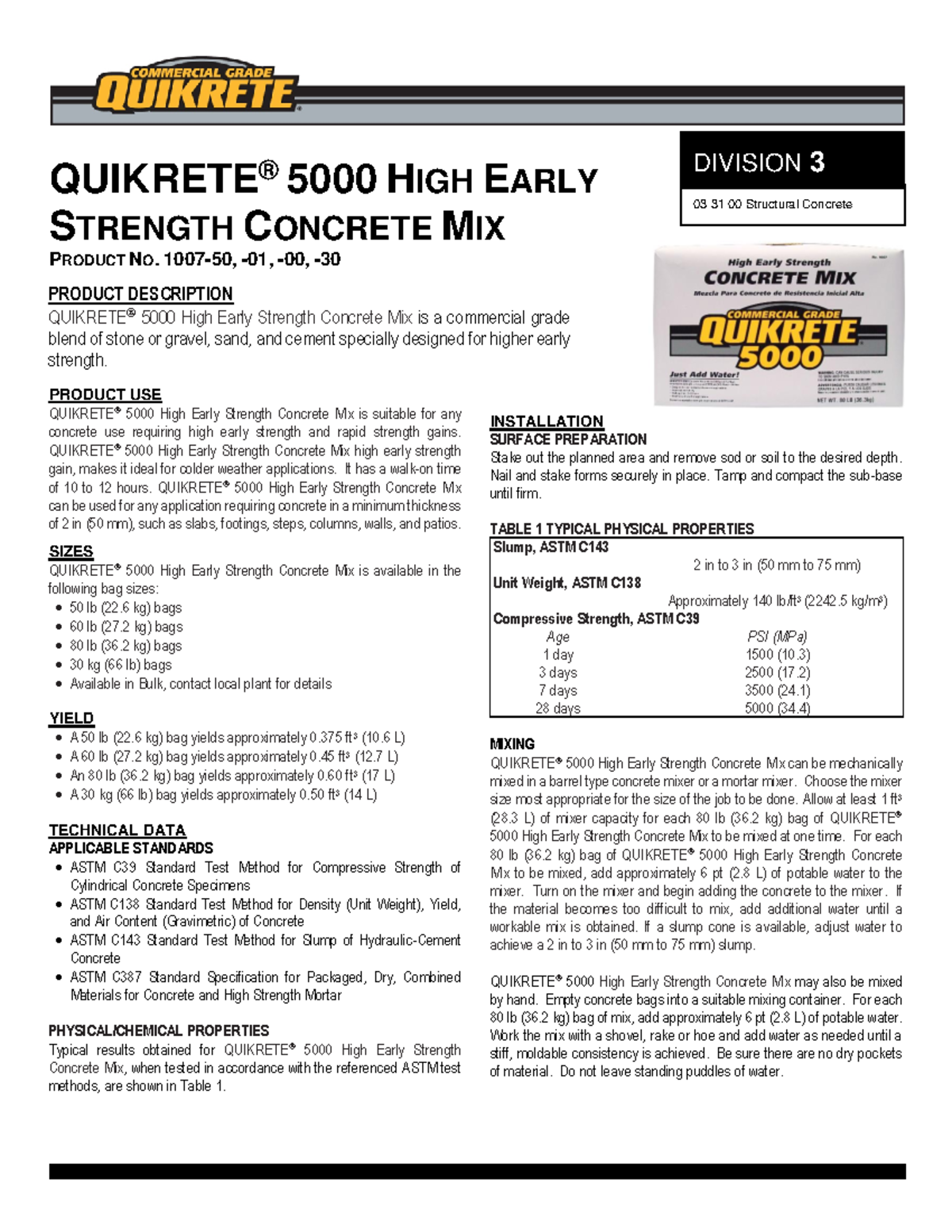 High Early Strength Concrete Mix Data Sheet - Quikrete 5000 1007 - Studocu