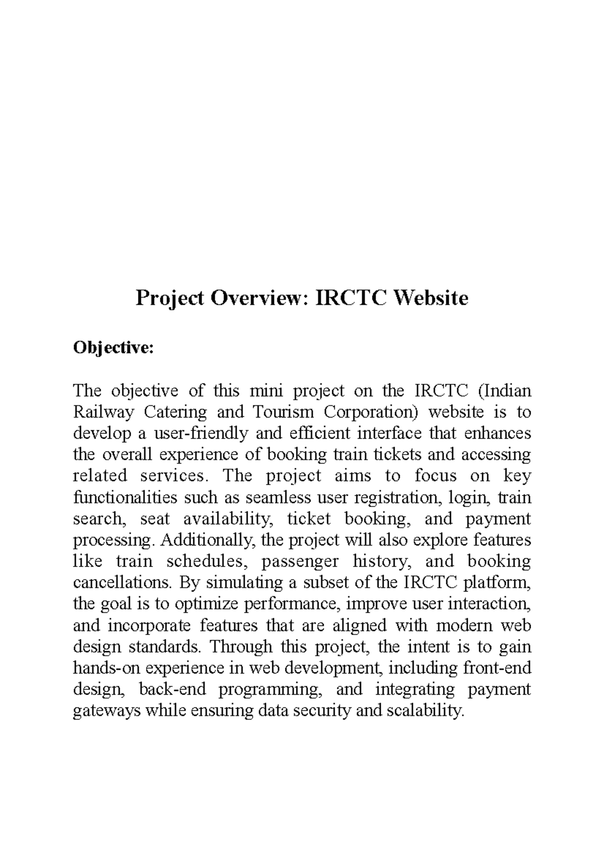 Mini project final 123 - Project Overview: IRCTC Website Objective: The ...