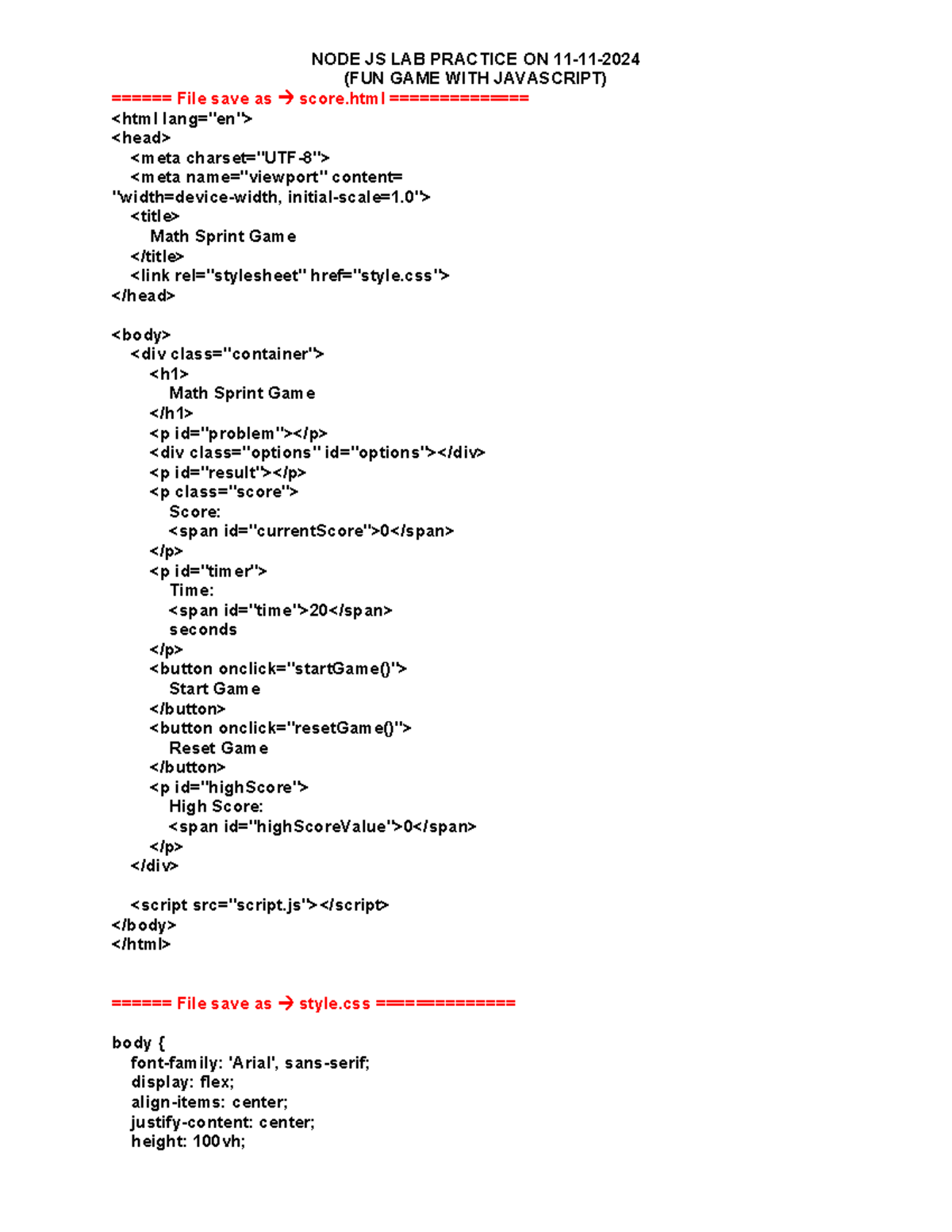 Nodejs LAB Final Practice: Math Sprint Game on 11-11-2024 - Studocu