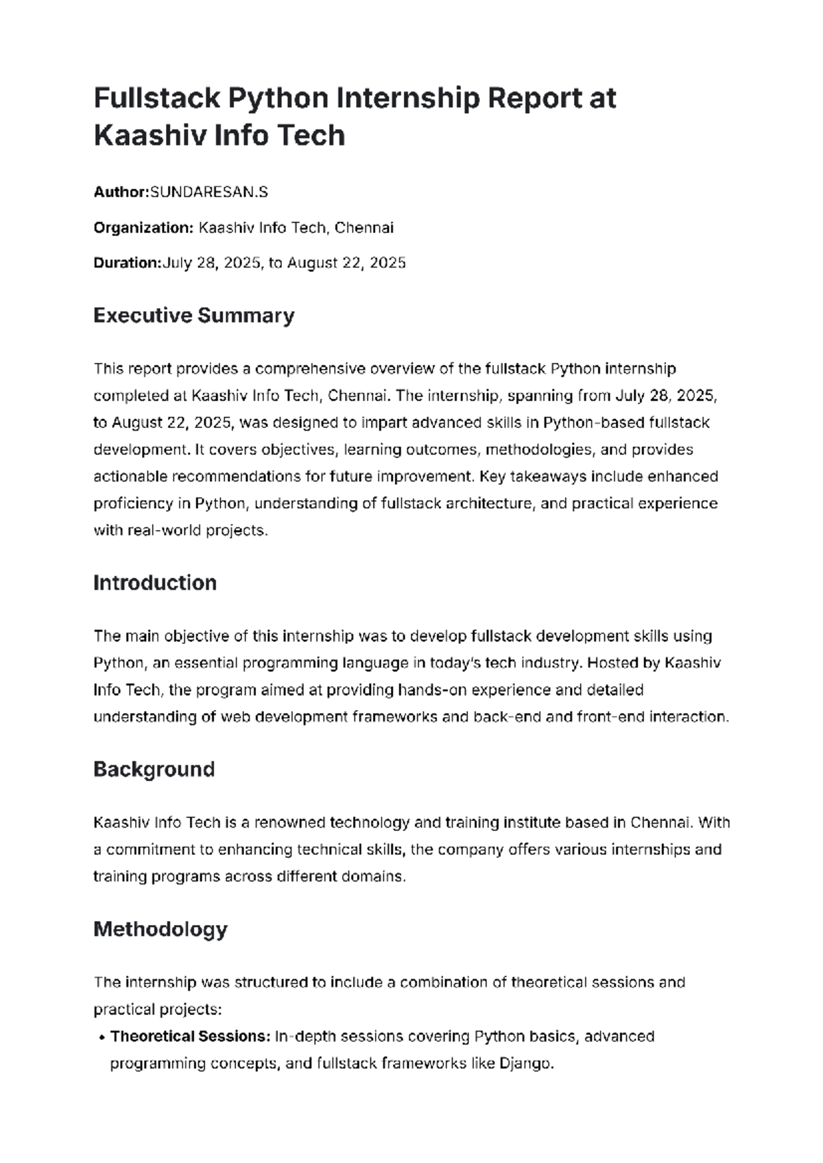 Fullstack Python Internship Report (July-Aug 2025) at Kaashiv Info Tech - Studocu