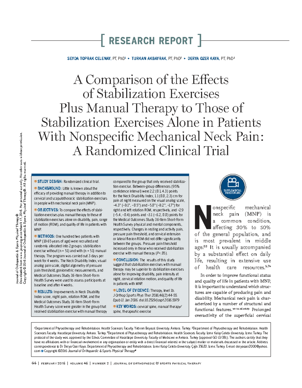 2016 Celenay RCT: Manual Therapy vs Stabilization Exercises for Neck ...