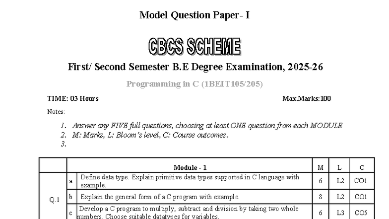 Model Question Paper I for 1BEIT105: Programming in C Exam - Studocu
