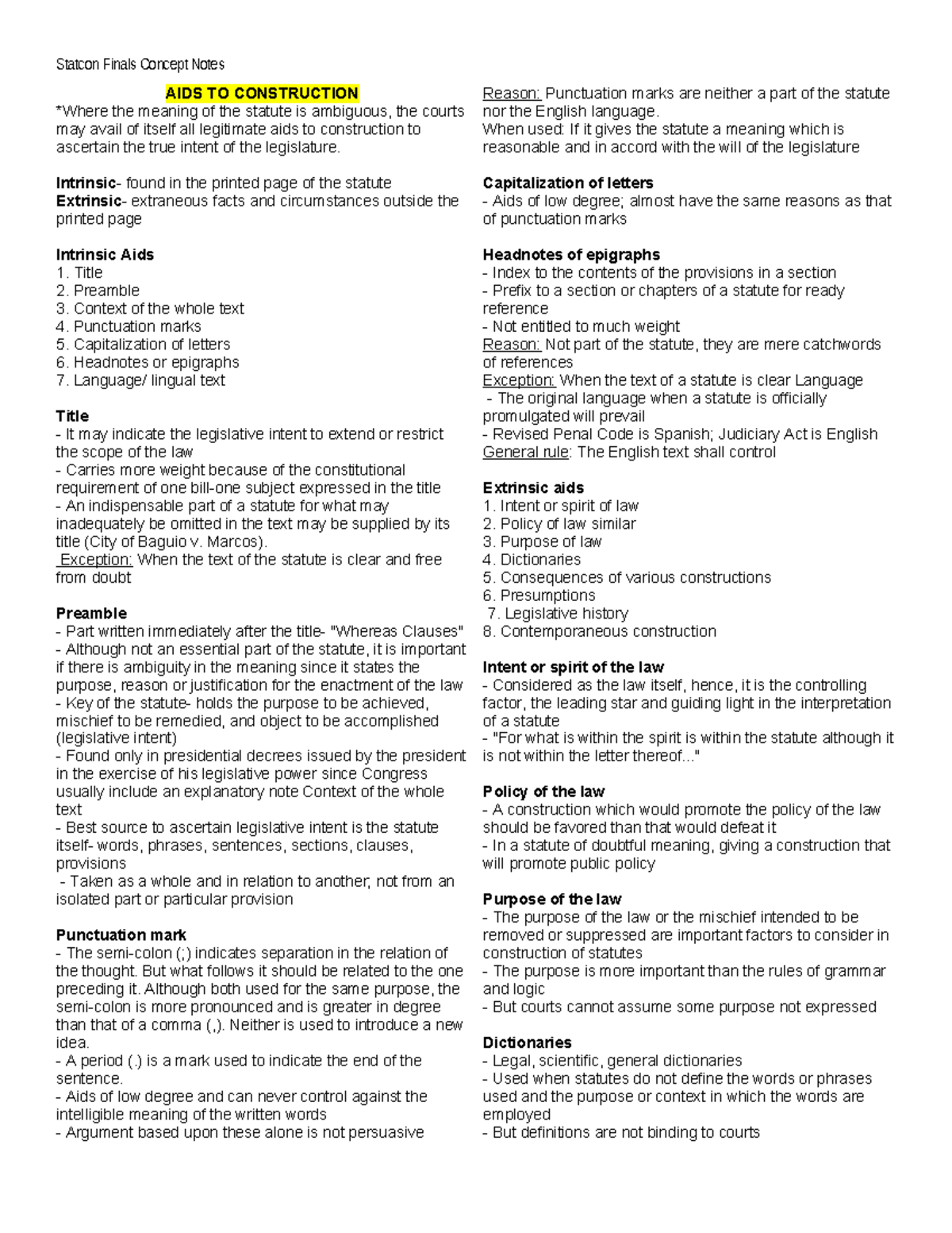 Statutory Construction: Final Exam Concept Notes (Course Code) - Studocu