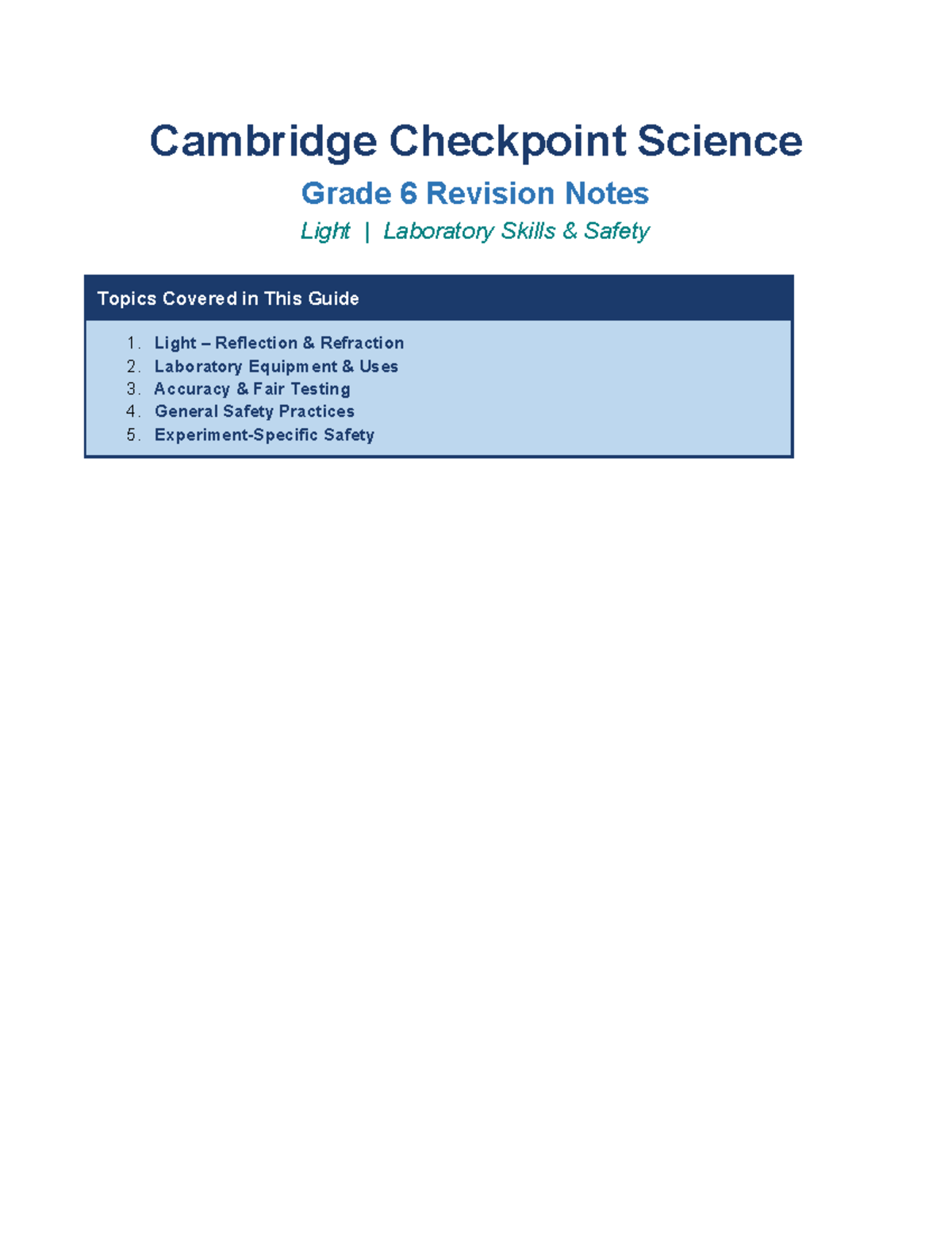 Cambridge Checkpoint Science Grade 6: Light Lab Safety Revision Notes ...