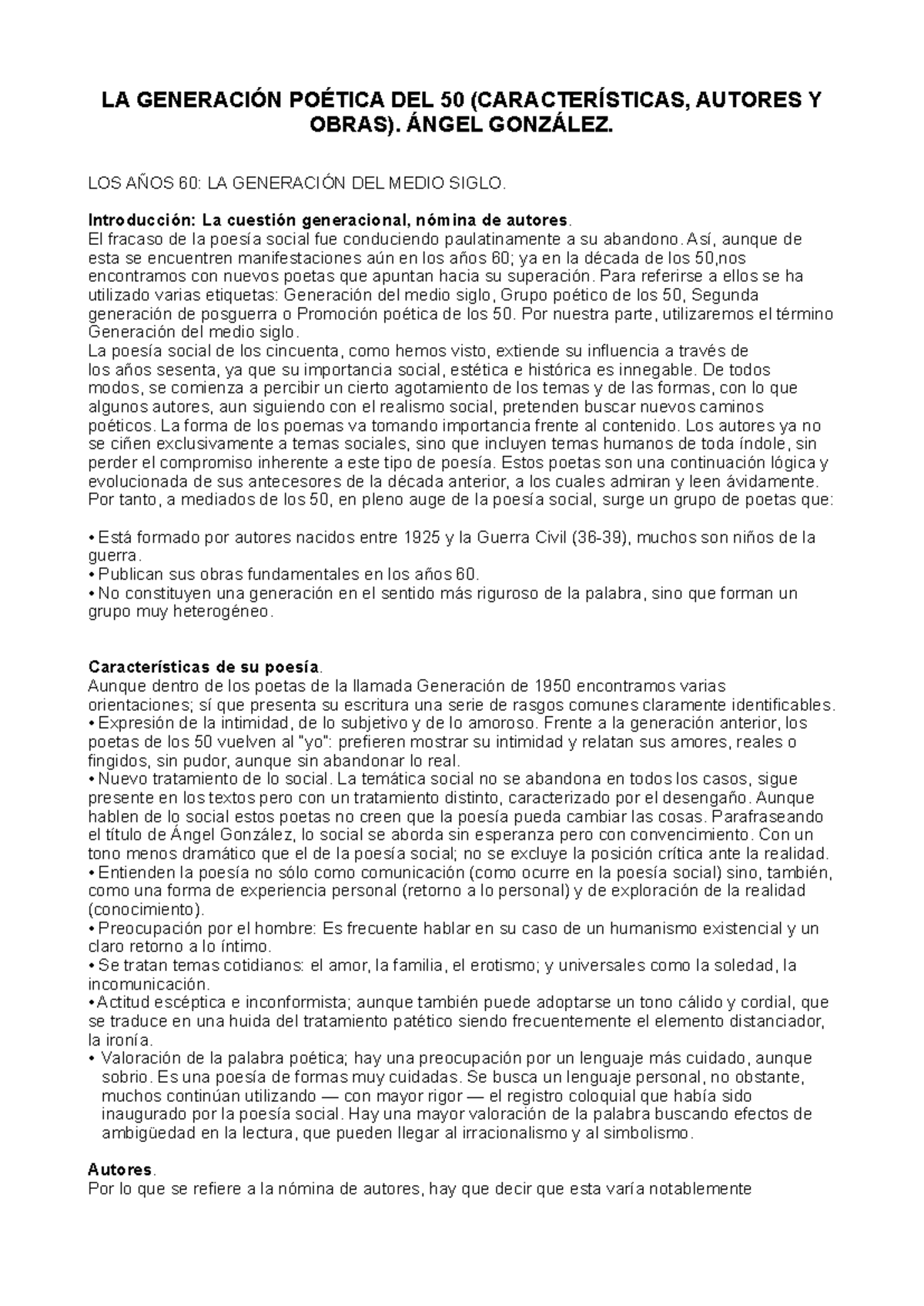 Características y Autores de la Generación del 50 (Literatura) - Studocu