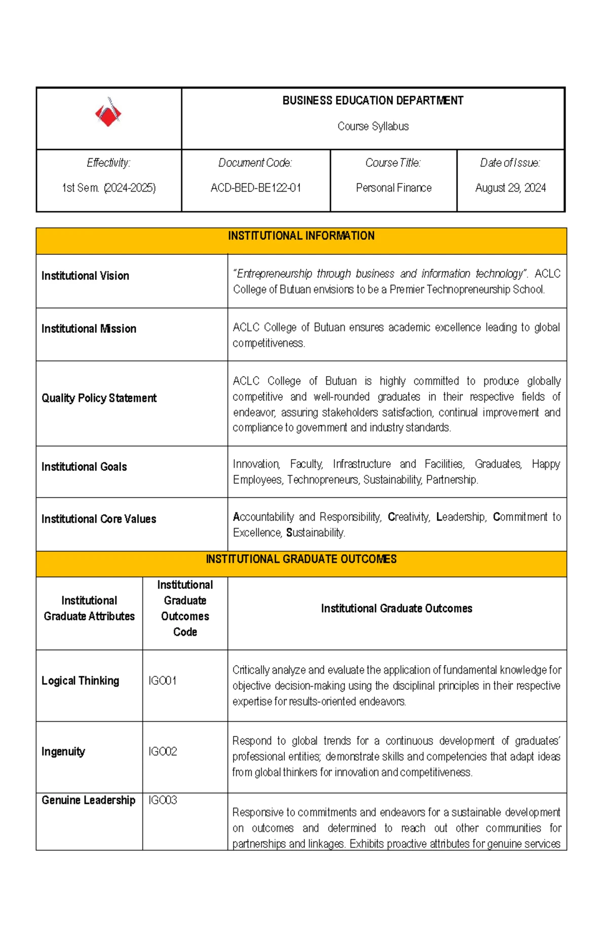 BAFM6102 - Financial Management Course Syllabus (1st Sem 2024) - Studocu