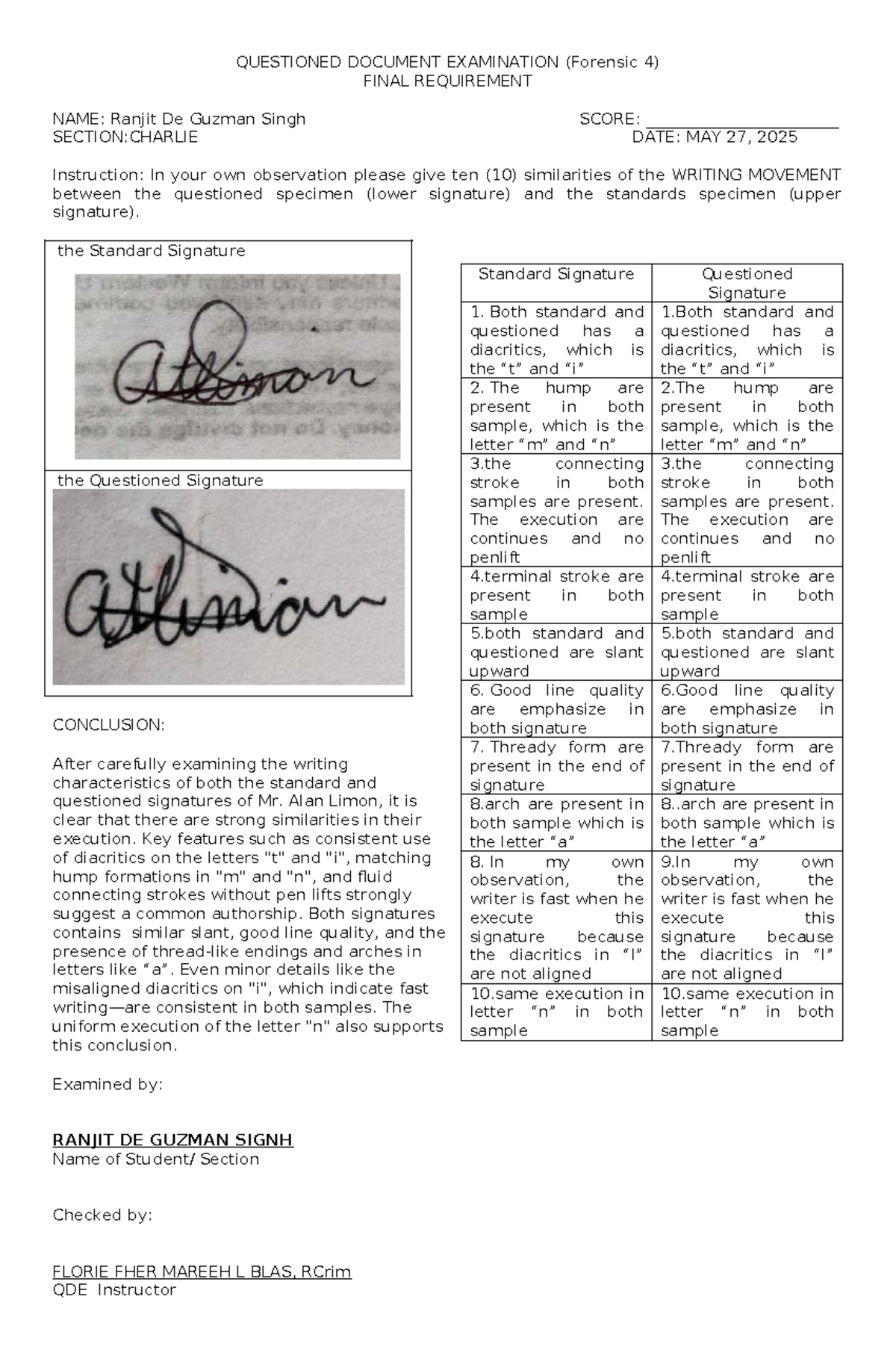 Forensic 4: Final Requirement on Questioned Document Examination - Studocu