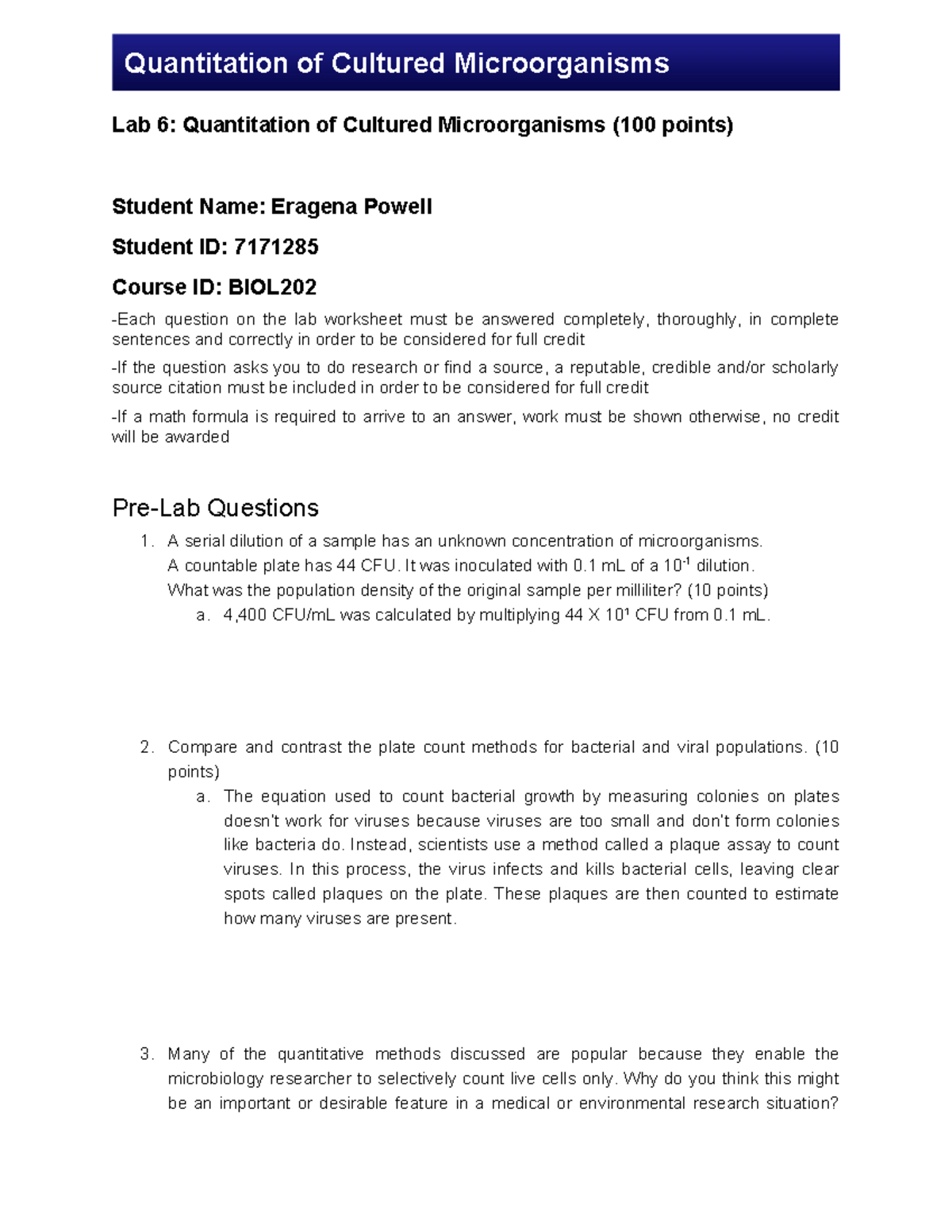 Lab 6: Quantitation of Cultured Microorganisms (BIOL202) - Complete ...