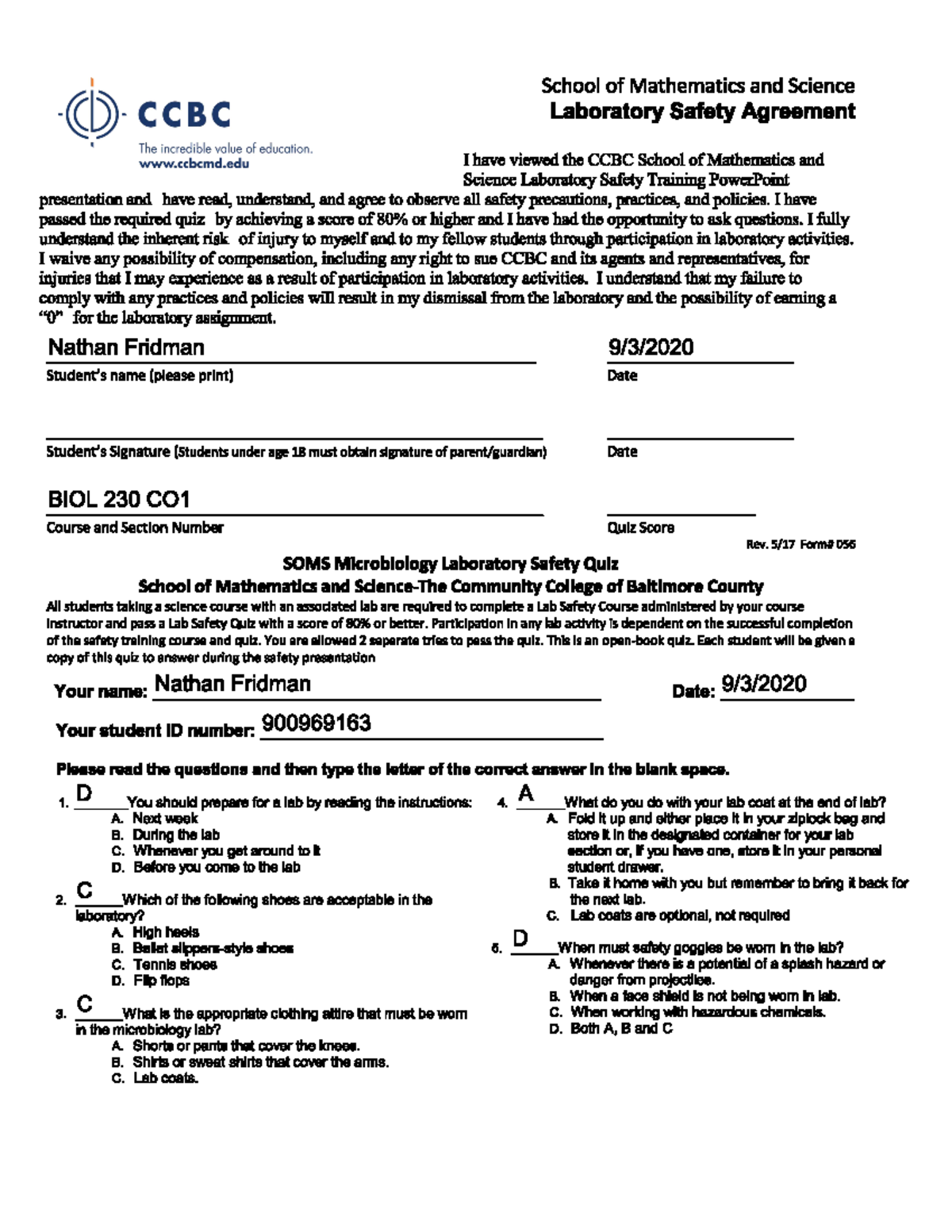 CCBC BIOL 230 Lab Safety Agreement - School of Mathematics and Science ...
