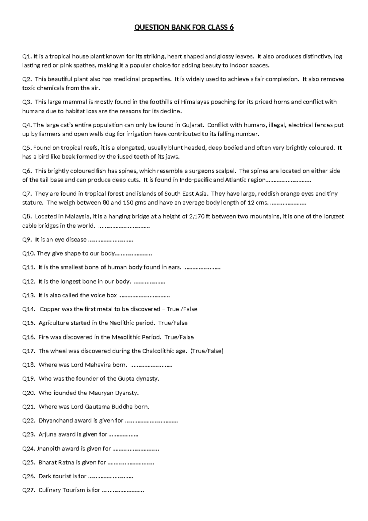 GK Question Bank for Class 6: Comprehensive Q&A Guide - Studocu