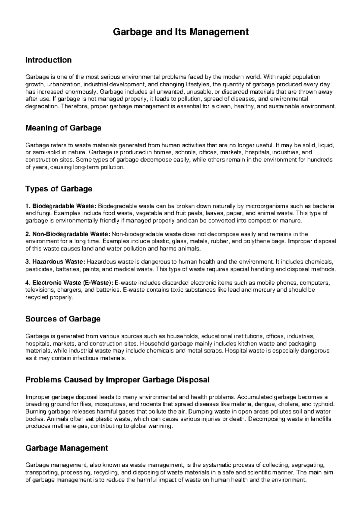 Garbage Management: Understanding Types, Sources, and Solutions - Studocu