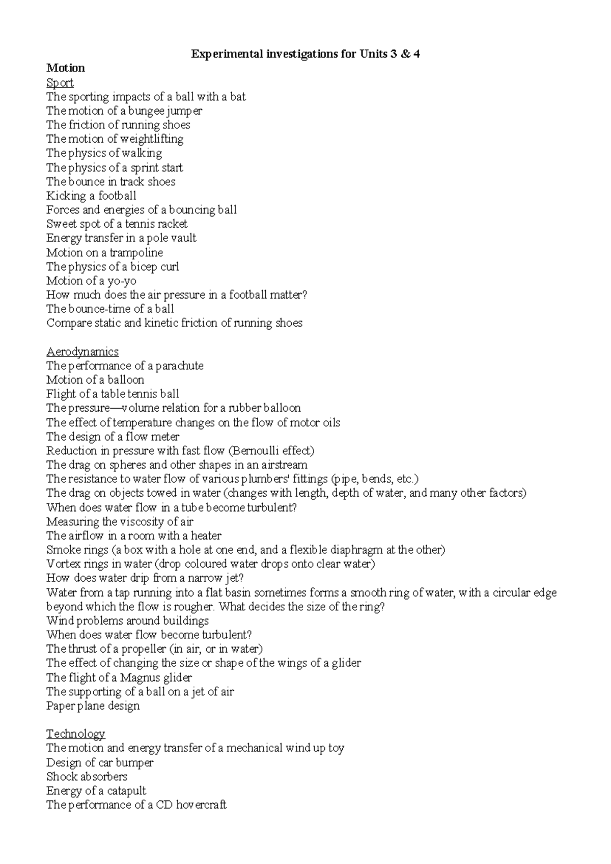 Experimental Investigations for Units 3 & 4: Motion in Sports and ...