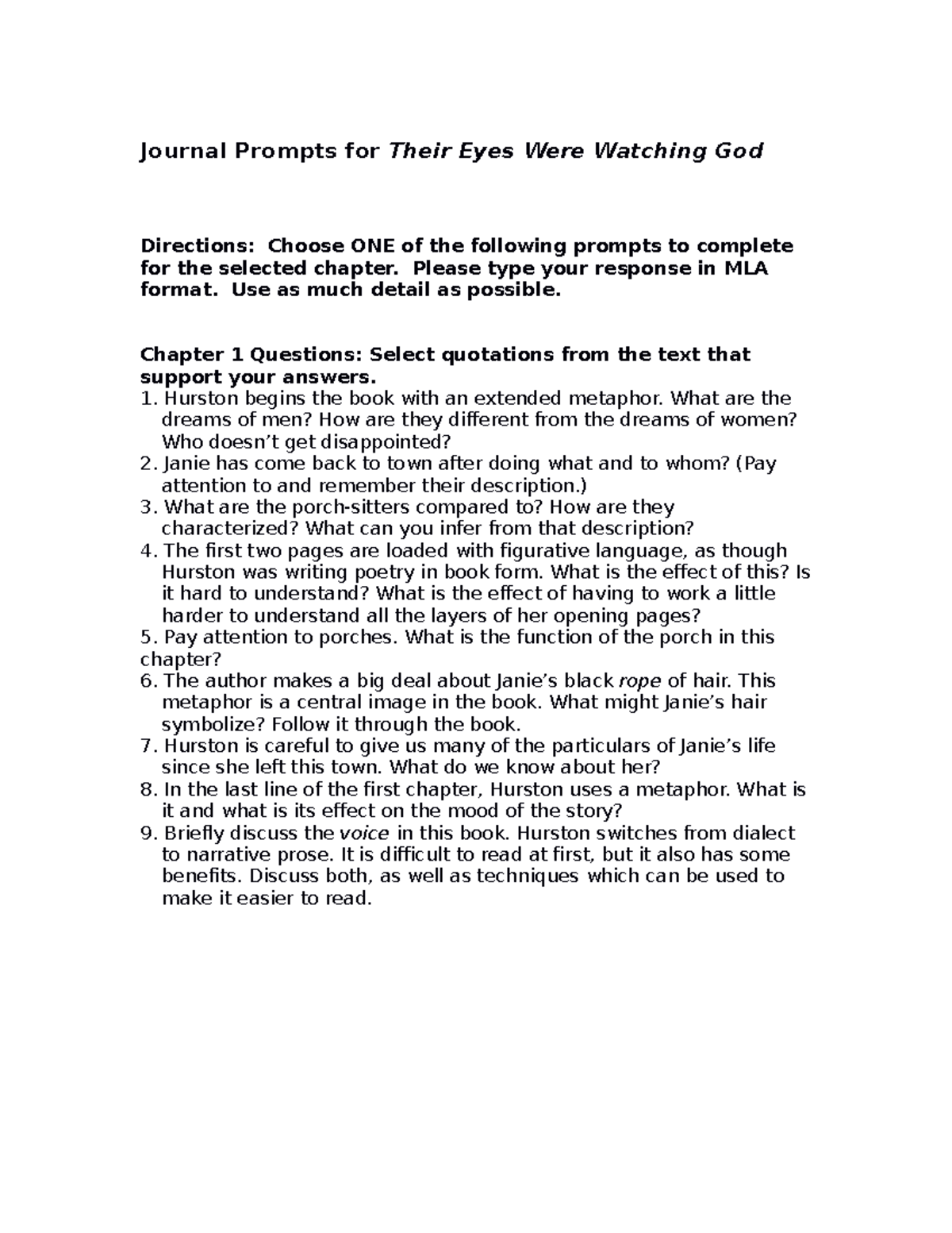 Journal Prompts for Their Eyes Were Watching God (ENG 202) - Studocu