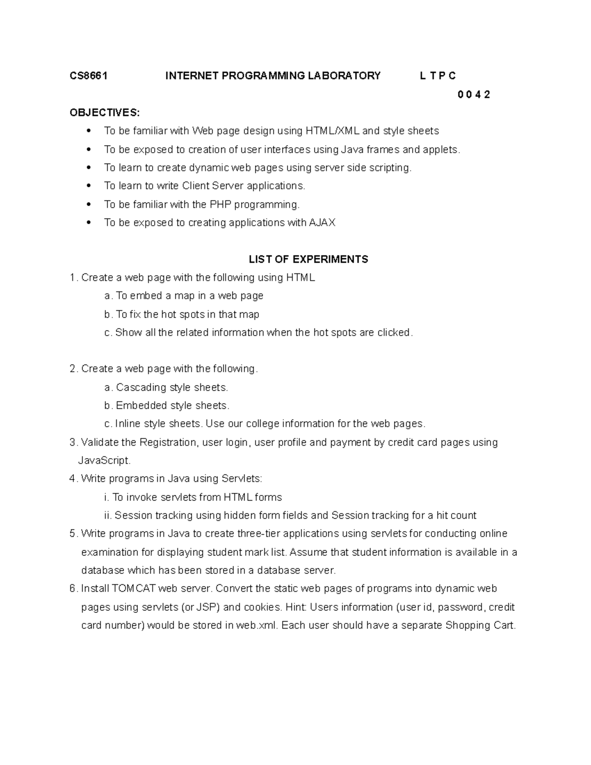 CS8661 INTERNET PROGRAMMING LABORATORY - CS8661 INTERNET PROGRAMMING ...