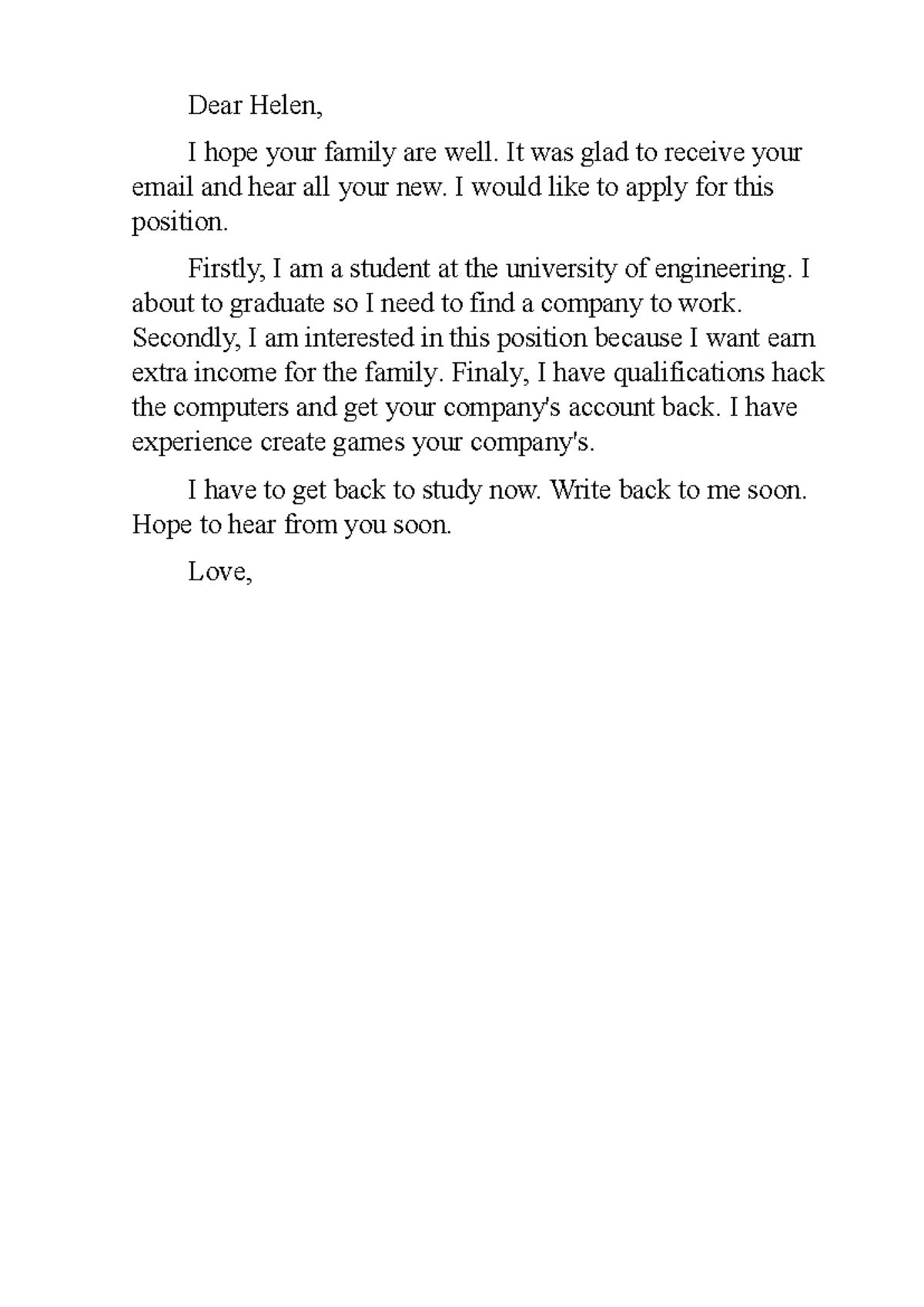 Dear Helen 2 - ANH VĂN 2 - Dear Helen, I hope your family are well. It ...