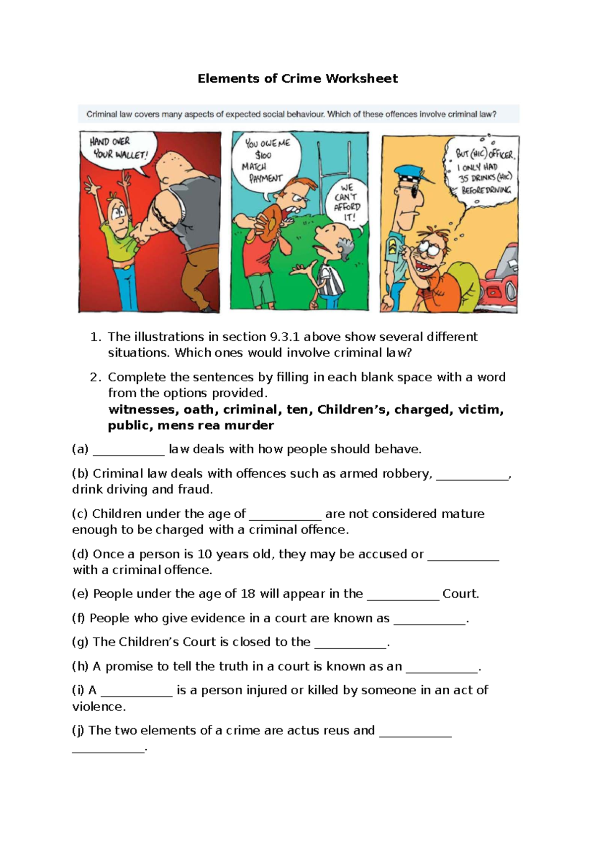 Elements of Crime Worksheet: Understanding Criminal Law Concepts - Studocu