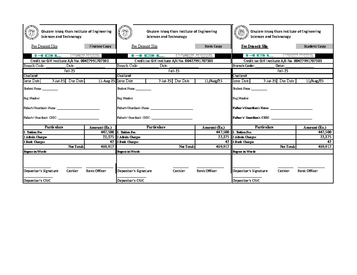 Fall-25 Engineering Fee Deposit Slip and Challan Details - Studocu