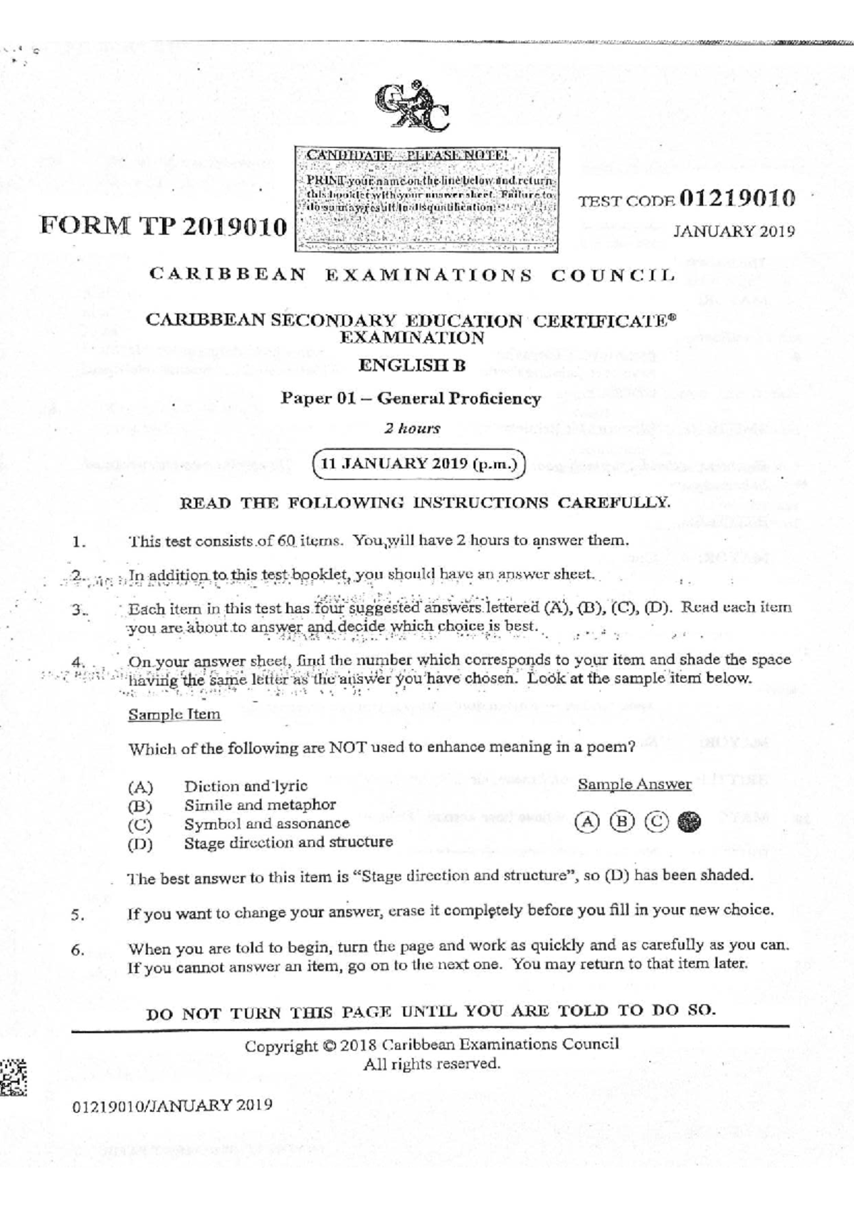 CSEC English B Jan 2019 Paper 01 Exam Instructions and Sample Items ...