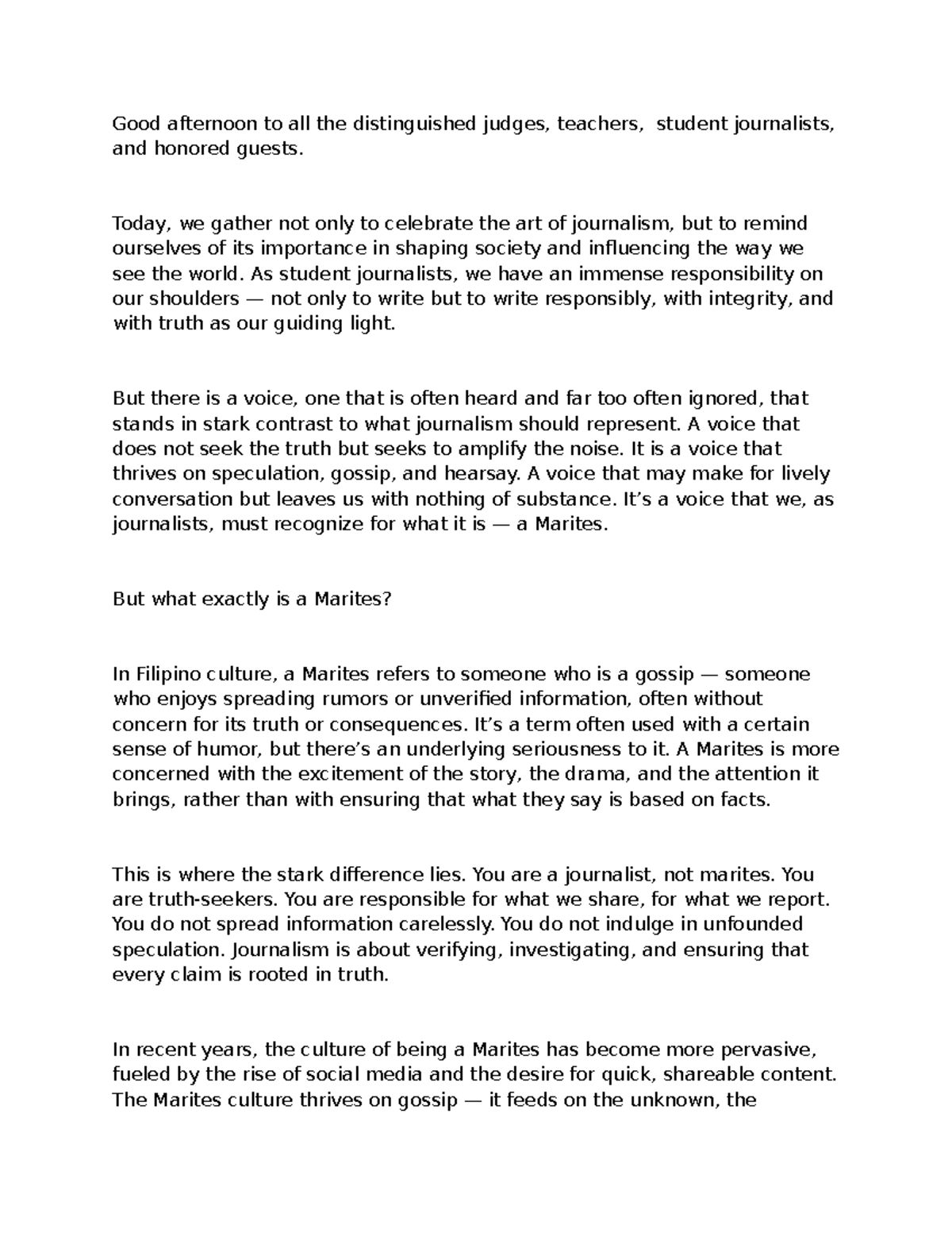 District - Sample Speech for Journalism Conference on Ethics - Studocu