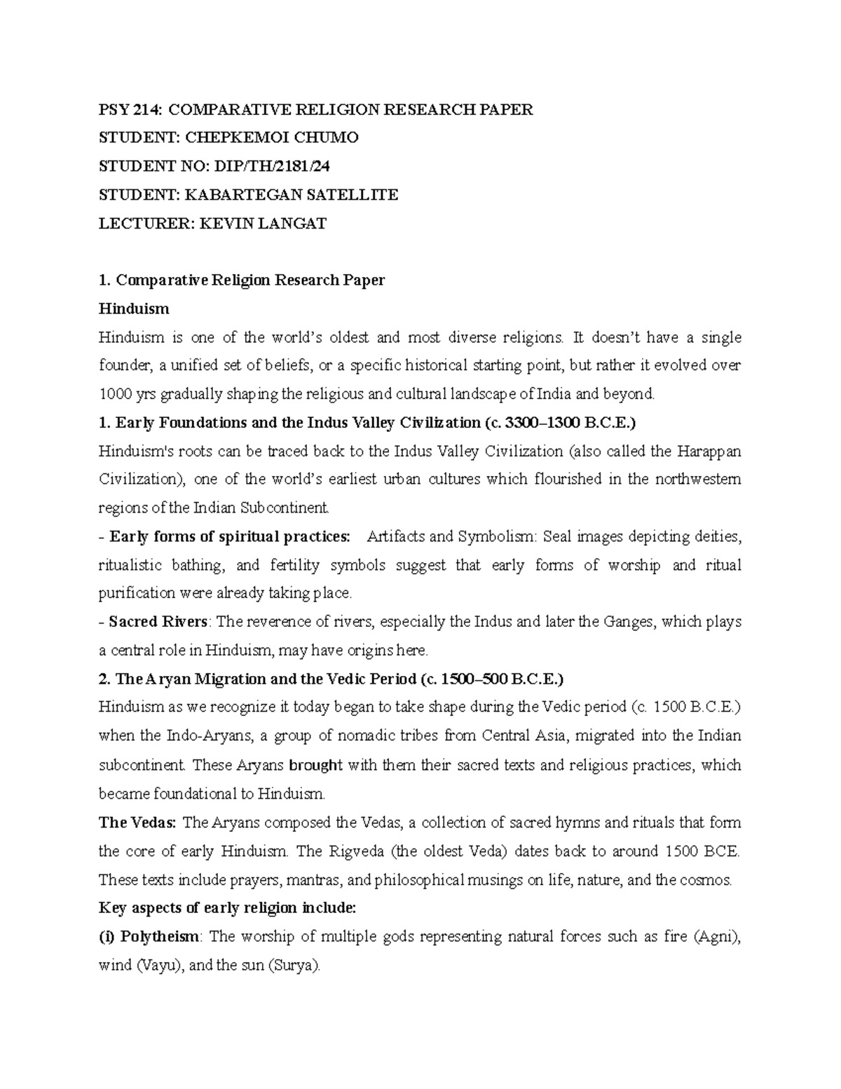 PSY 214: Comparative Religion Research Paper on Hinduism and ...