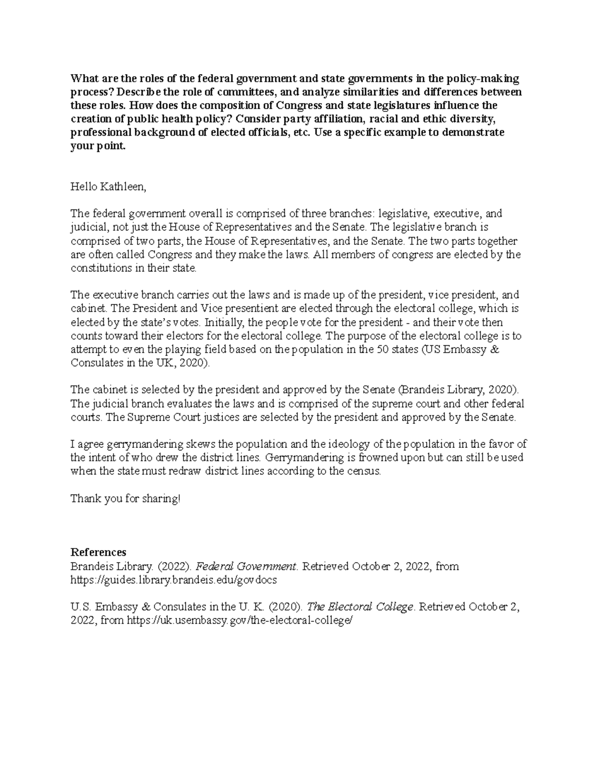 PUB 650 Topic 1 DQ 1 Responses - What are the roles of the federal ...