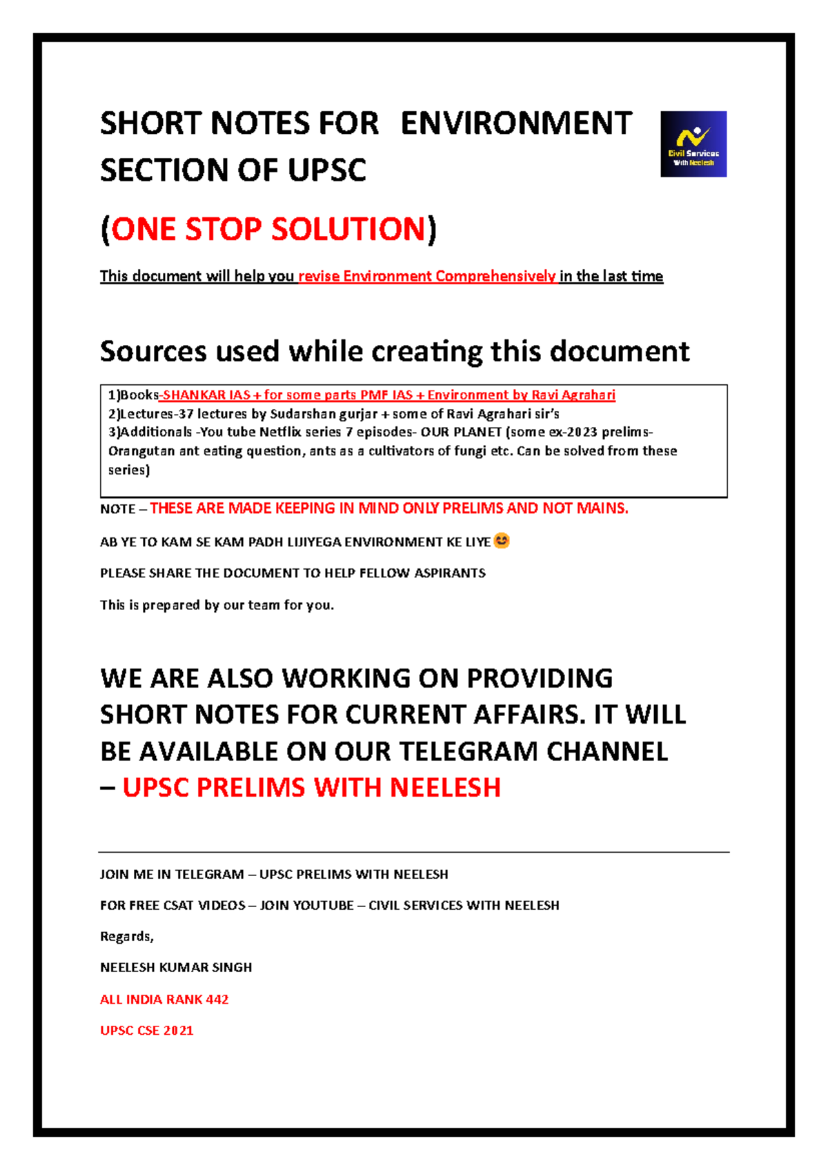 Environment Short Notes - SHORT NOTES FOR ENVIRONMENT SECTION OF UPSC ...
