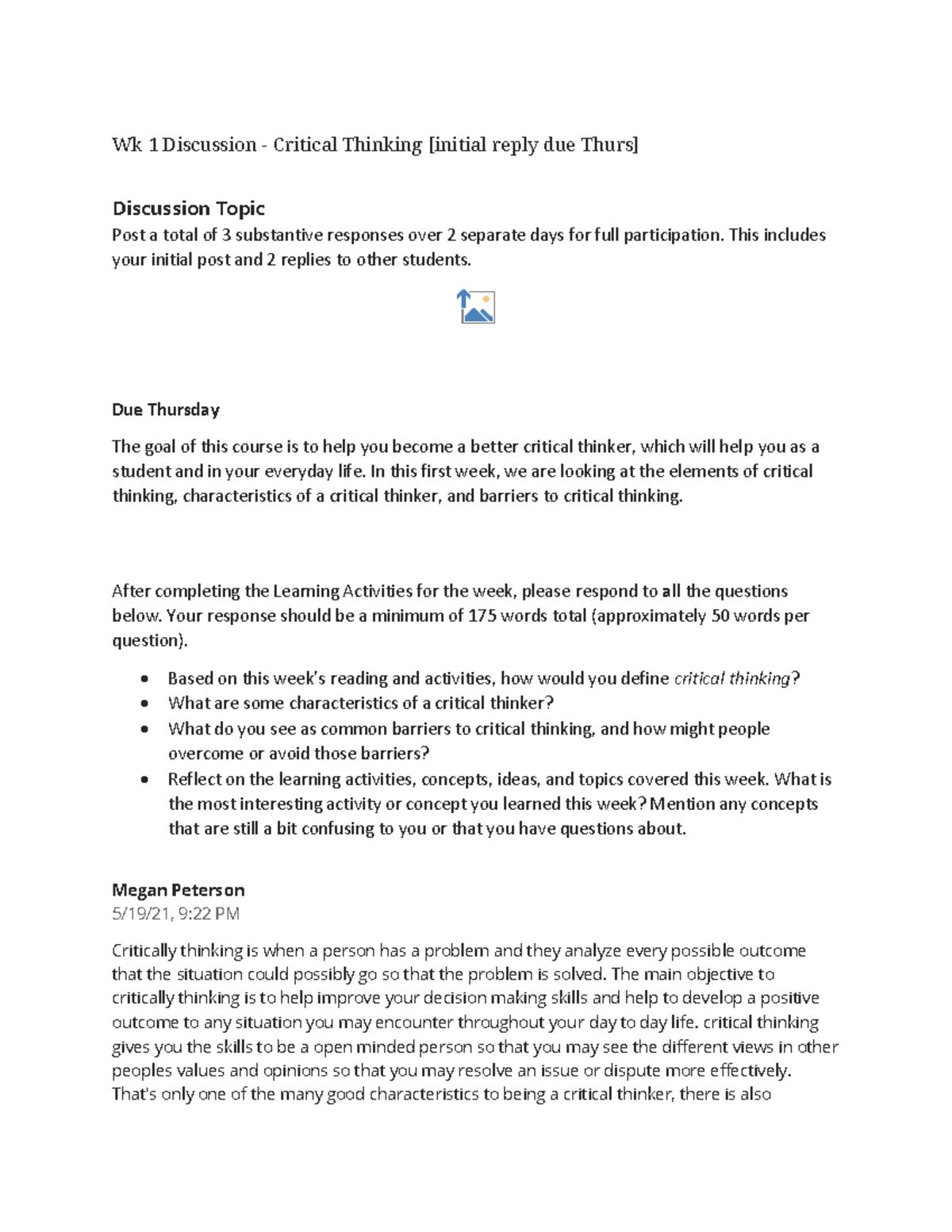 Critical Thinking Wk 1 Discussion Insights and Reflections - Studocu