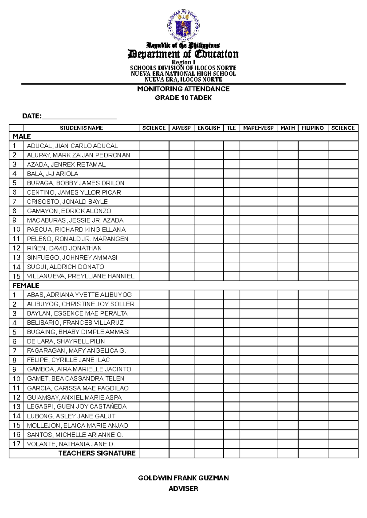 Grade 10 TADEK Attendance Monitoring Report - Nueva Era HS - Studocu
