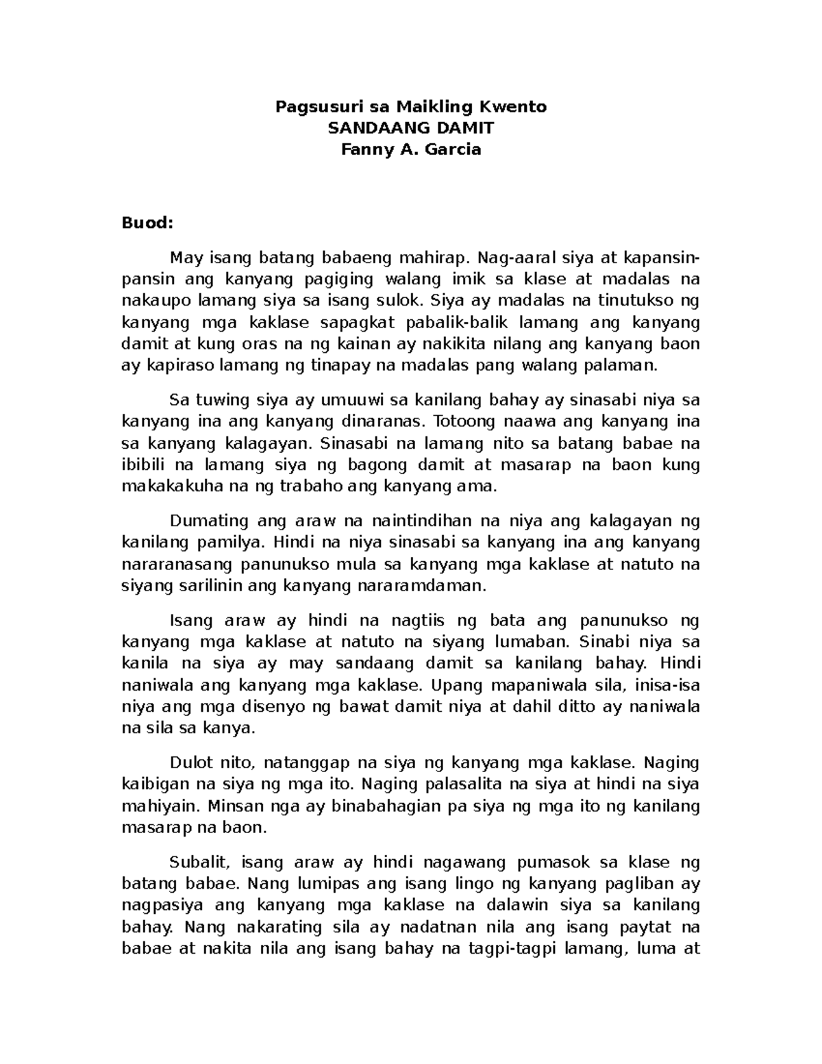 Pagsusuri sa Sandaang Damit ni Fanny A G - Pagsusuri sa Maikling Kwento SANDAANG DAMIT Fanny A ...