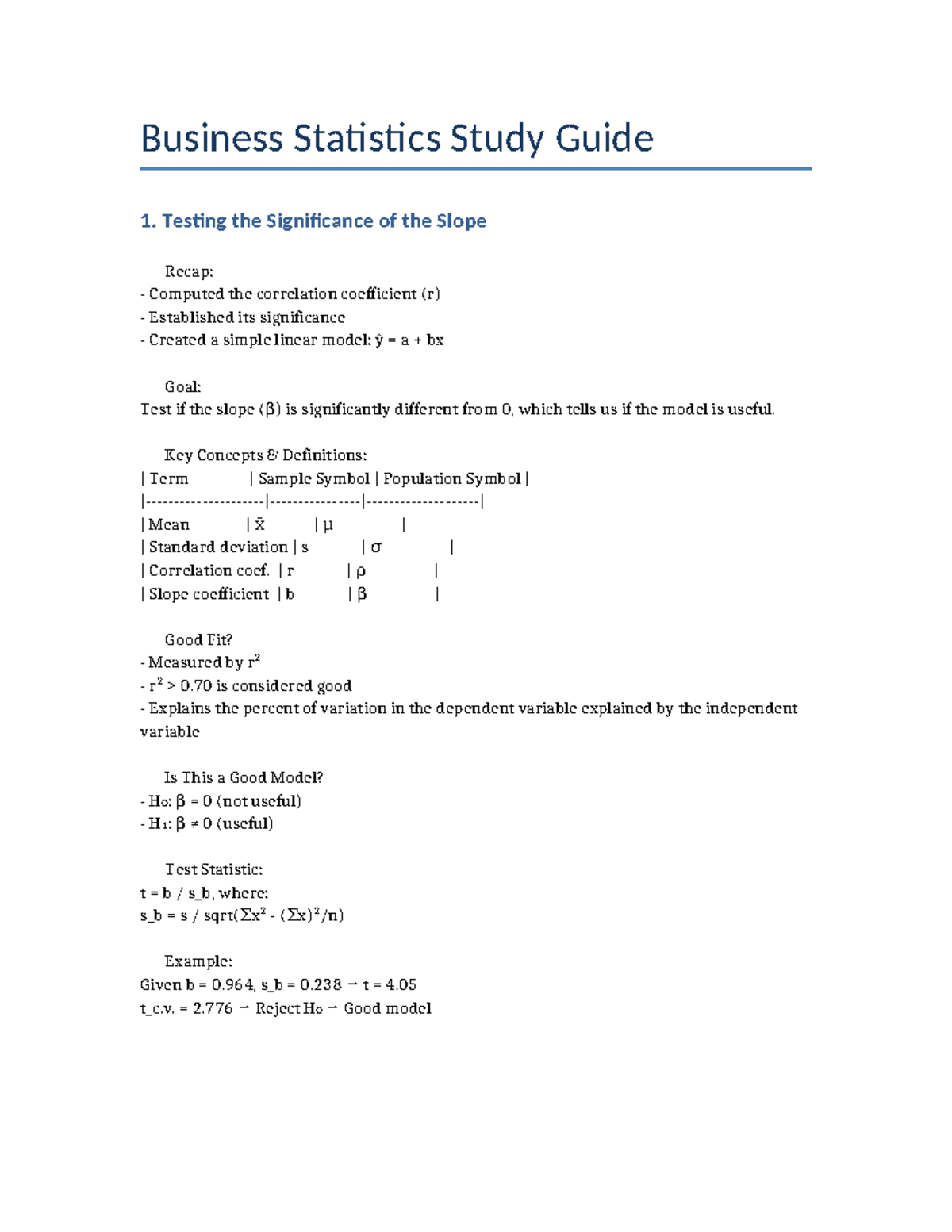 Business Statistics Study Guide 1: Testing Slope Significance & Models ...